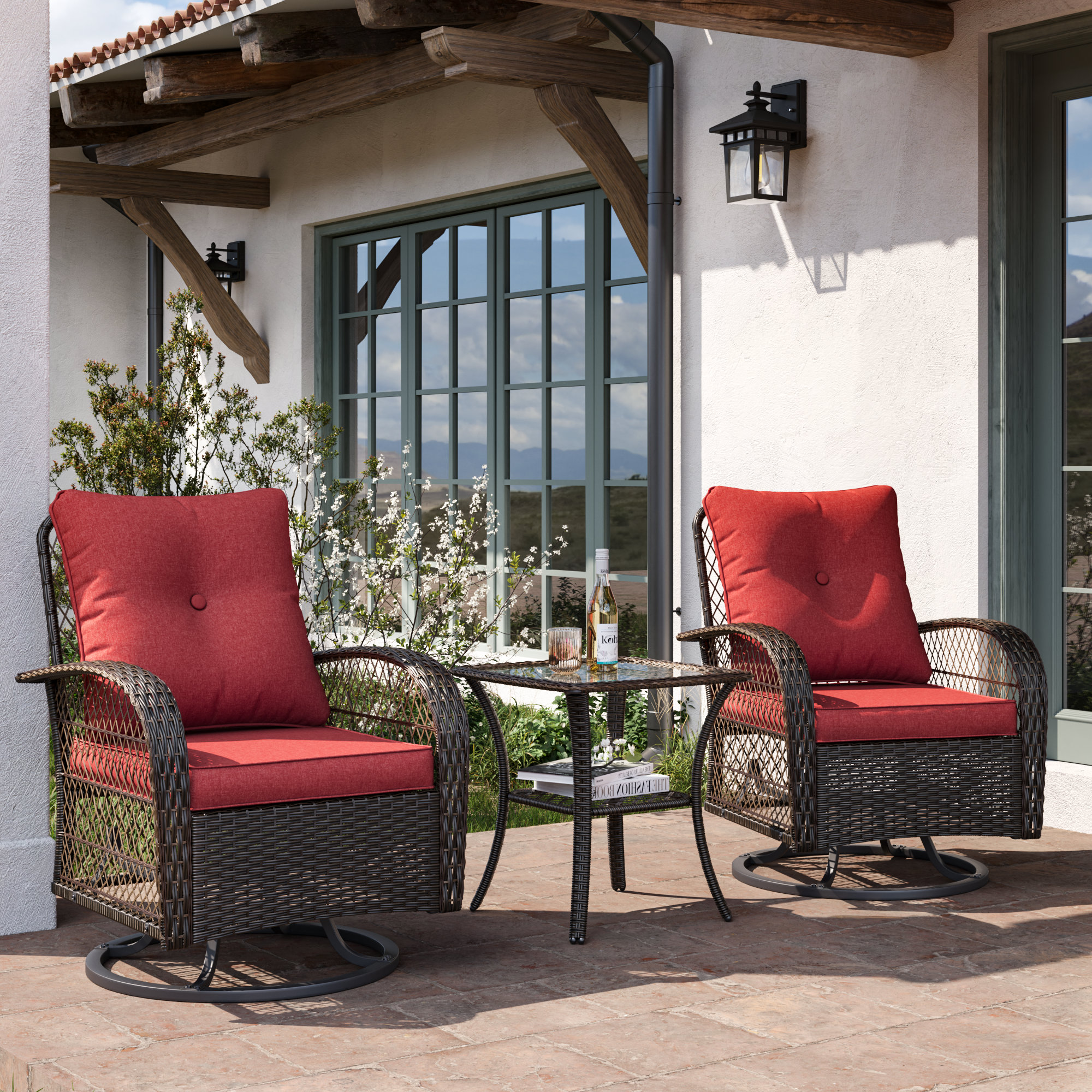 Red Barrel Studio® 2-Piece Outdoor Wicker Swivel Glide Chair Set With ...
