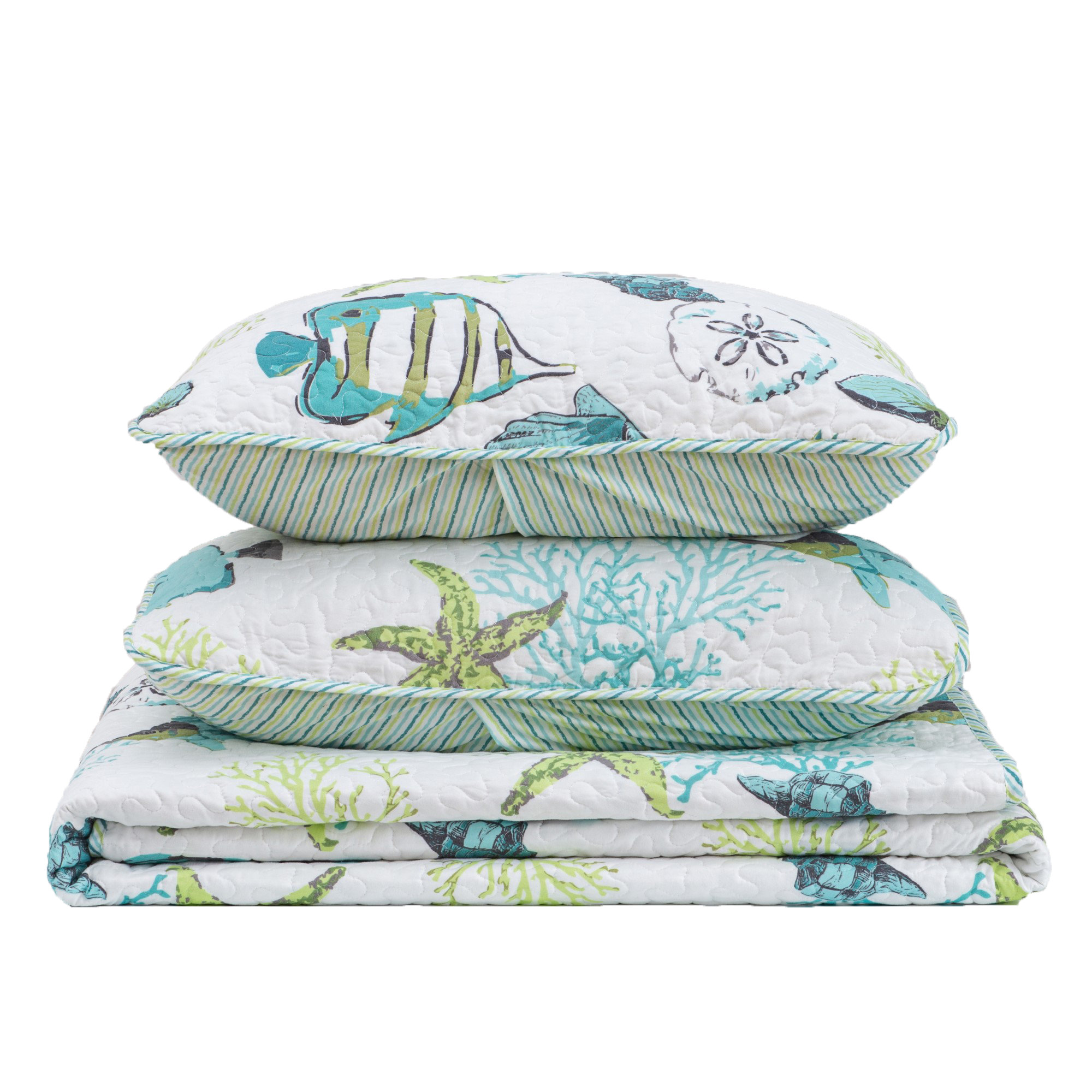 FreshFolds Blue / Green Fish & Seashell Quilt Set with Shams & Reviews ...