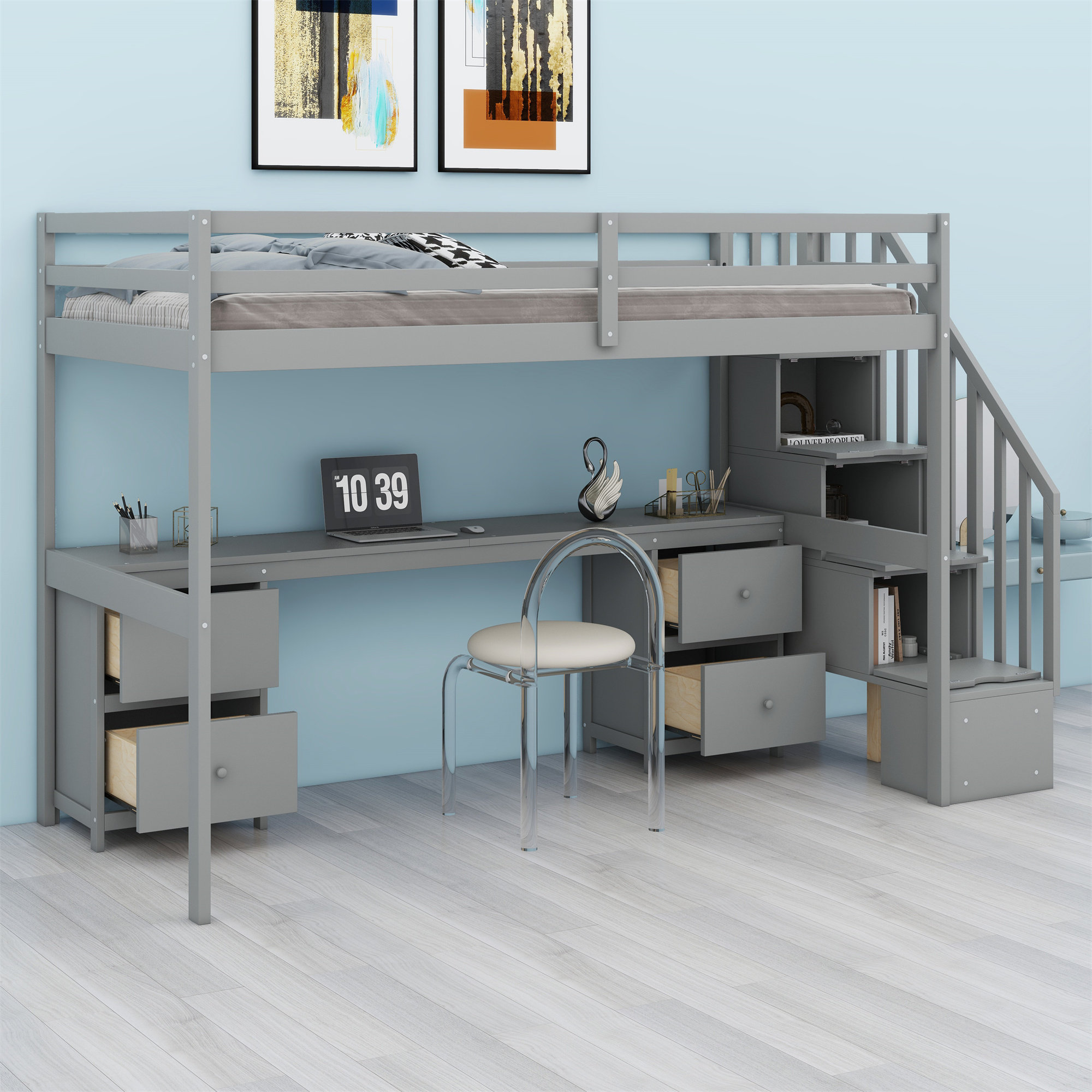 Harriet Bee Loft Bed Frame With Built-In Desk And Double Storage ...