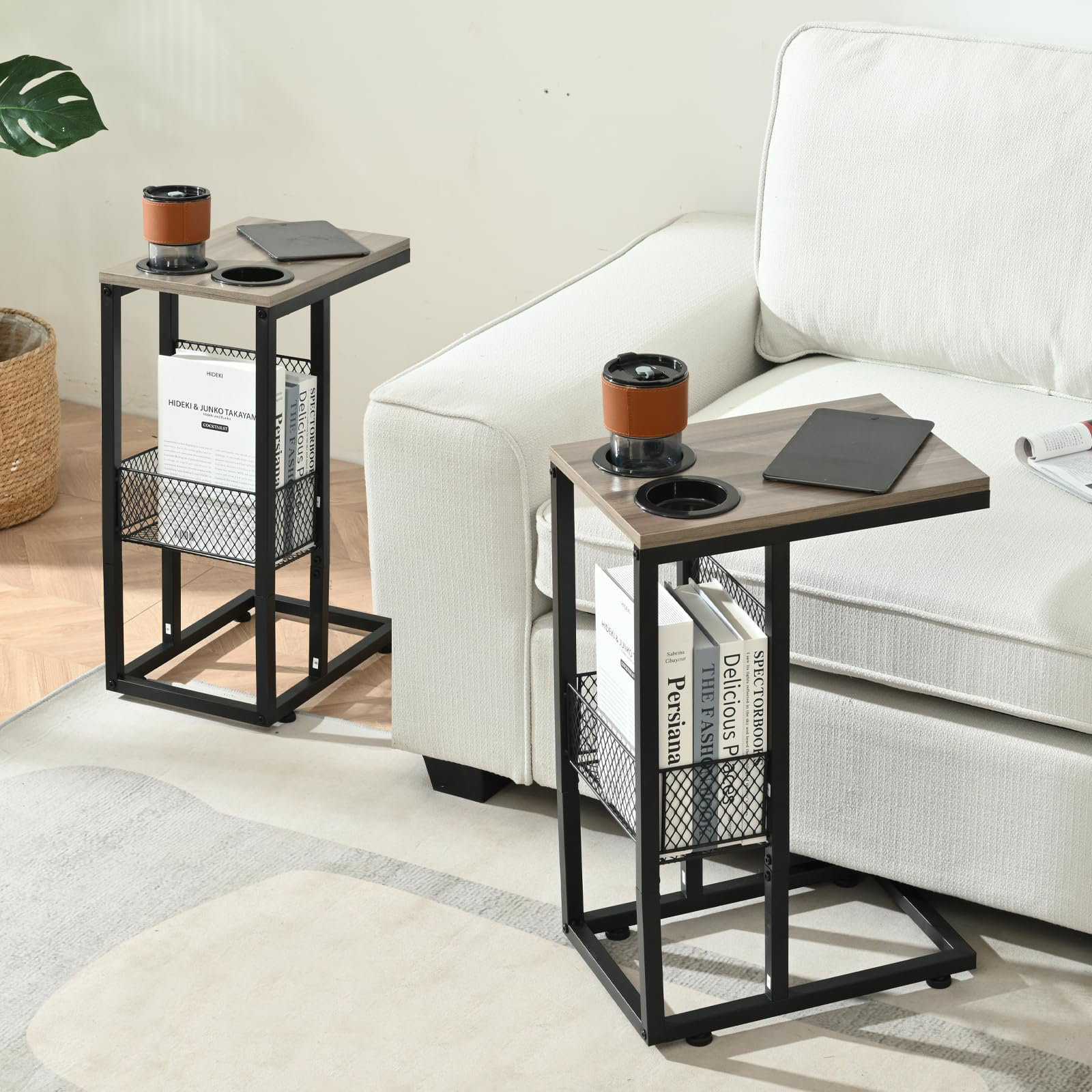 17 Stories C Shaped End Table With Cup Holder, Small Side Table Set Of ...