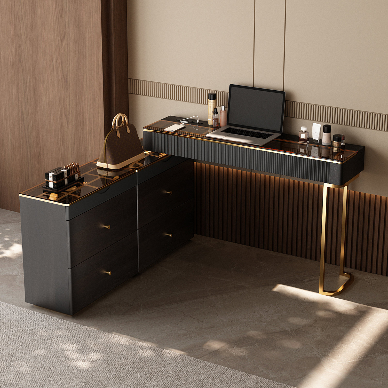 Everly Quinn High-quality extendable Makeup Vanity, L-shaped, with ...