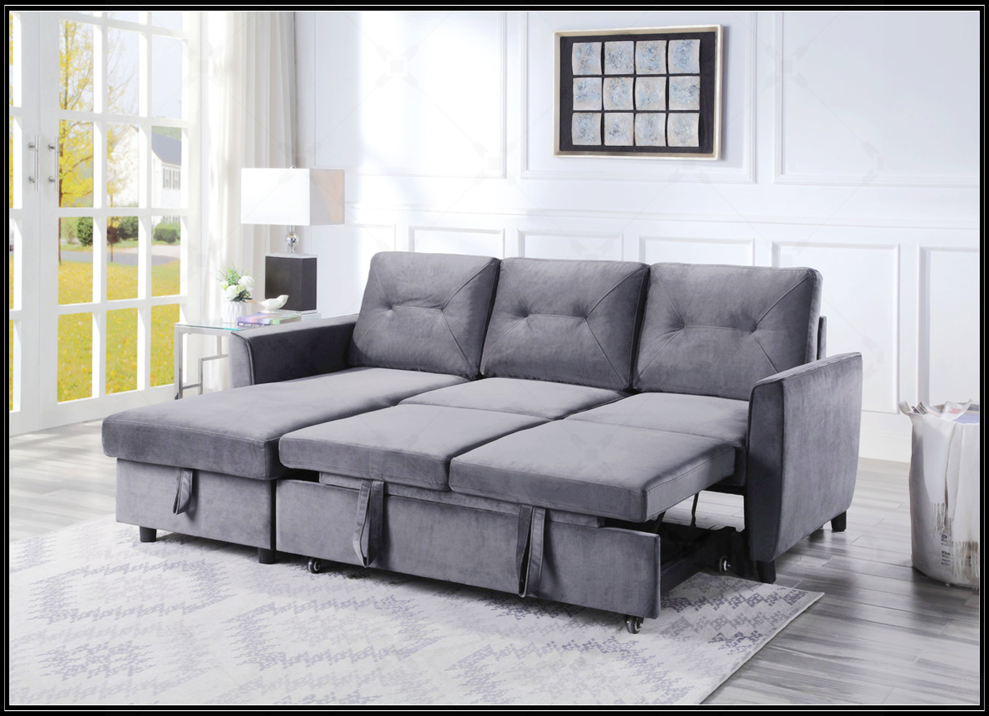 Latitude Run® Humberto 83-Inch Wide Dark Gray Velvet Reversible Sleeper ...