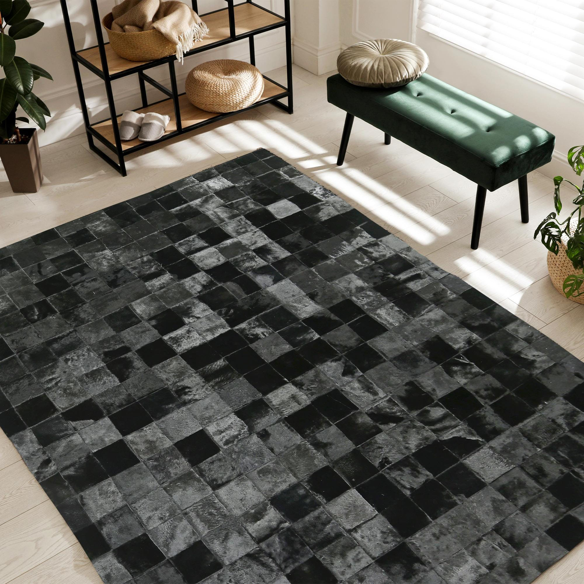 Everly Quinn Bright Black Square Cowhide Patchwork Rug With Genuine Calfskin Design For Modern ...