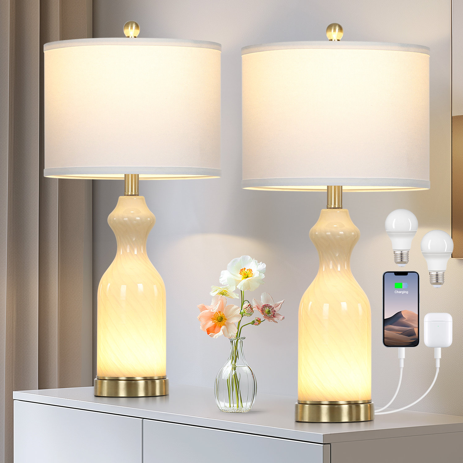 Mercer41 27" Bedside Glass USB Table Lamp with Night Light & Reviews ...