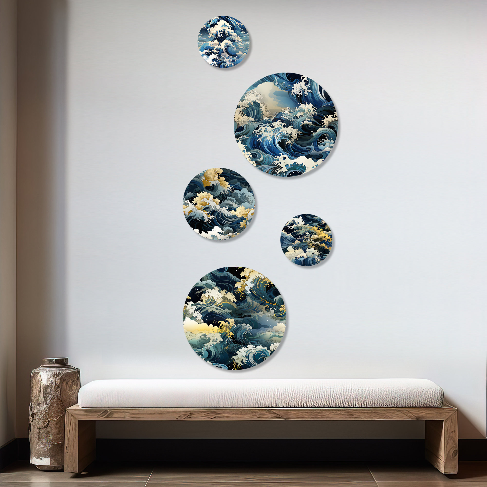 Design Art Hokusai Japanese Waves Pattern - Abstract Coastal Round Wall ...