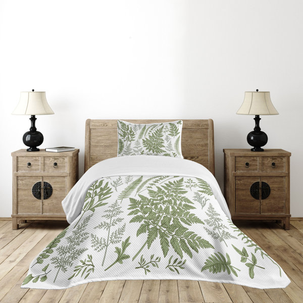 Ambesonne Vintage Botany Bedspread Set Delicate Fern Floral Sage Green ...