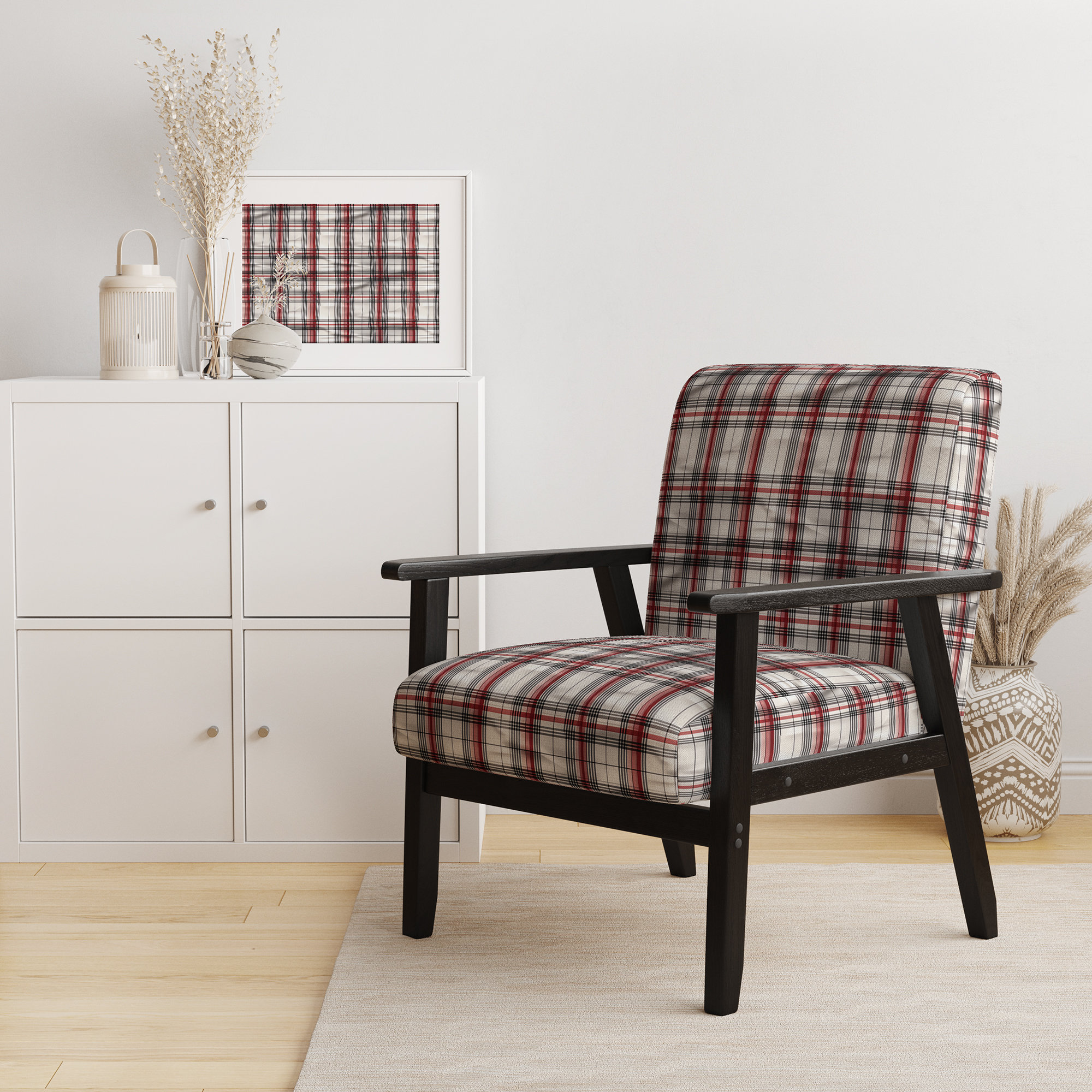 Gracie Oaks Rustic Farmhouse Plaid - Upholstered Vintage Accent Arm ...