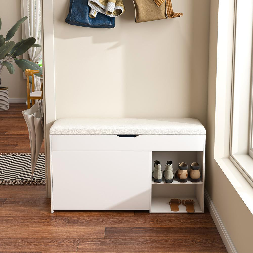 Ebern Designs White Entryway Bench with 3-Tier Shoe Storage & Hidden ...
