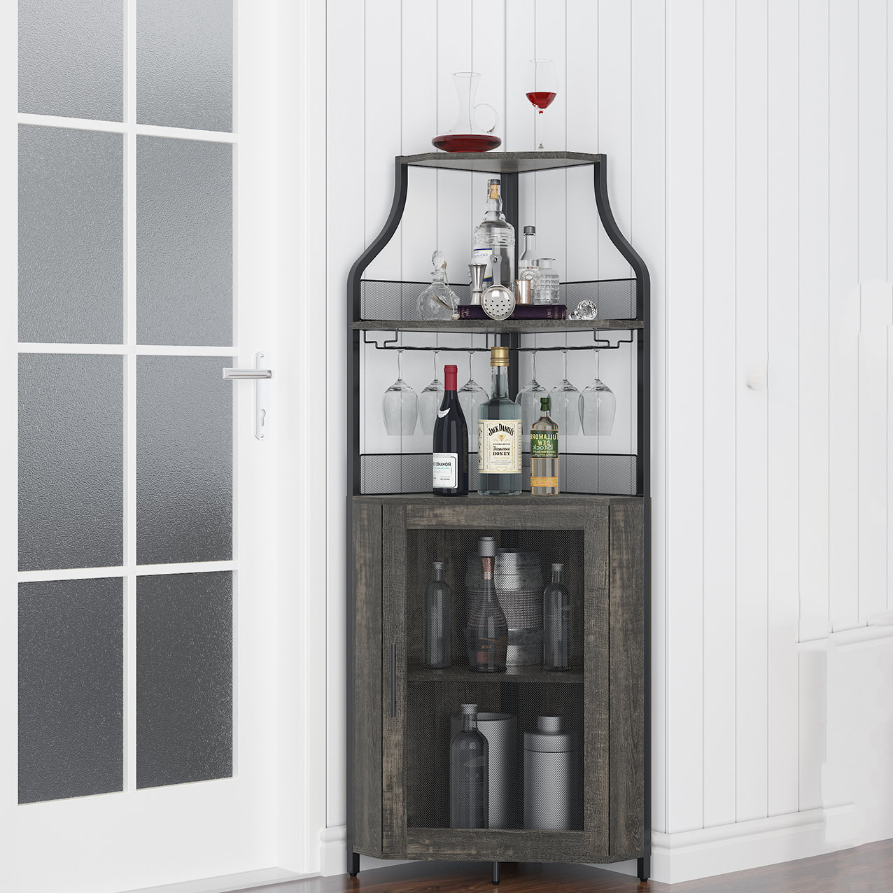 17 Stories Corner Bar Rack Cabinet With Detachable Wine Rack And Glass ...