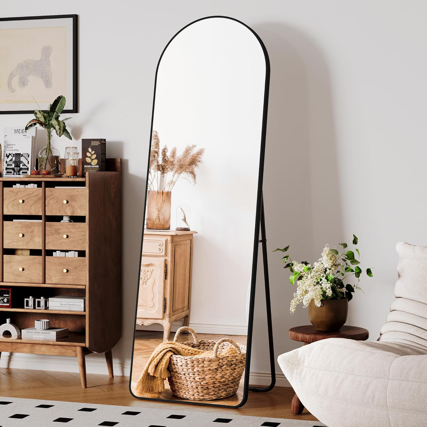 17 Stories Full Body Mirror With Metal Frame Stand Hd Large Wall Mirror With Hooks Full Length Mirror Wall Mirror For Living Room Bedroom Dressing Room Bathroom Hallway Curved Black Wayfair