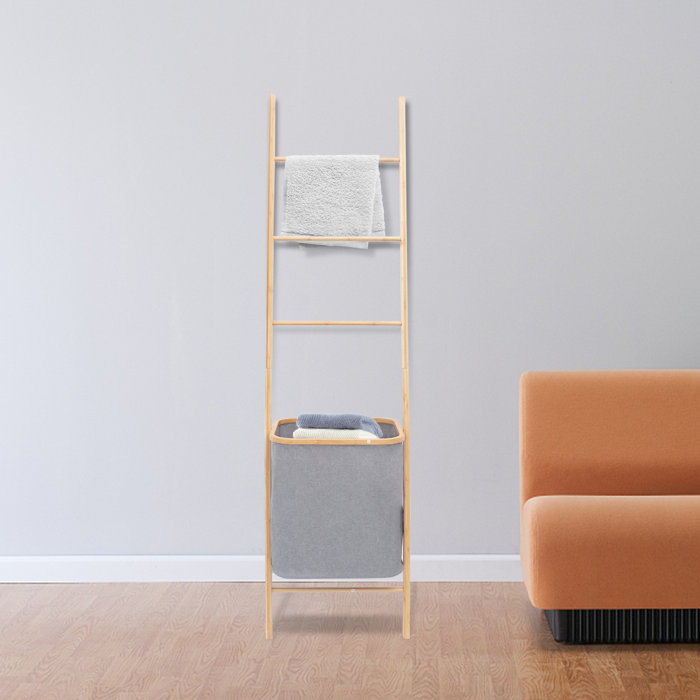 Latitude Run® Bamboo Laundry Basket Bath Towel Ladder Rack Laundry ...