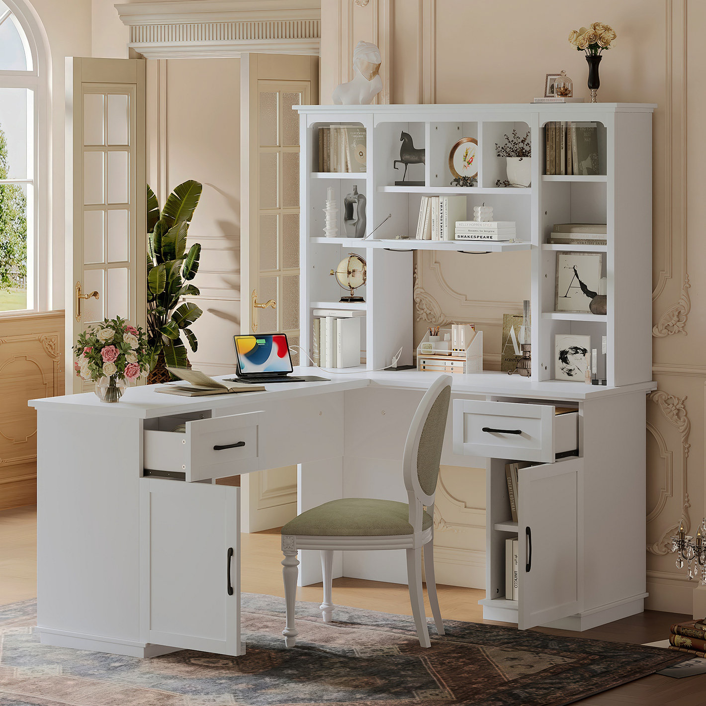 Brayden Studio L-Shaped Computer Desk With 2 Cabinets And 2 Drawers ...