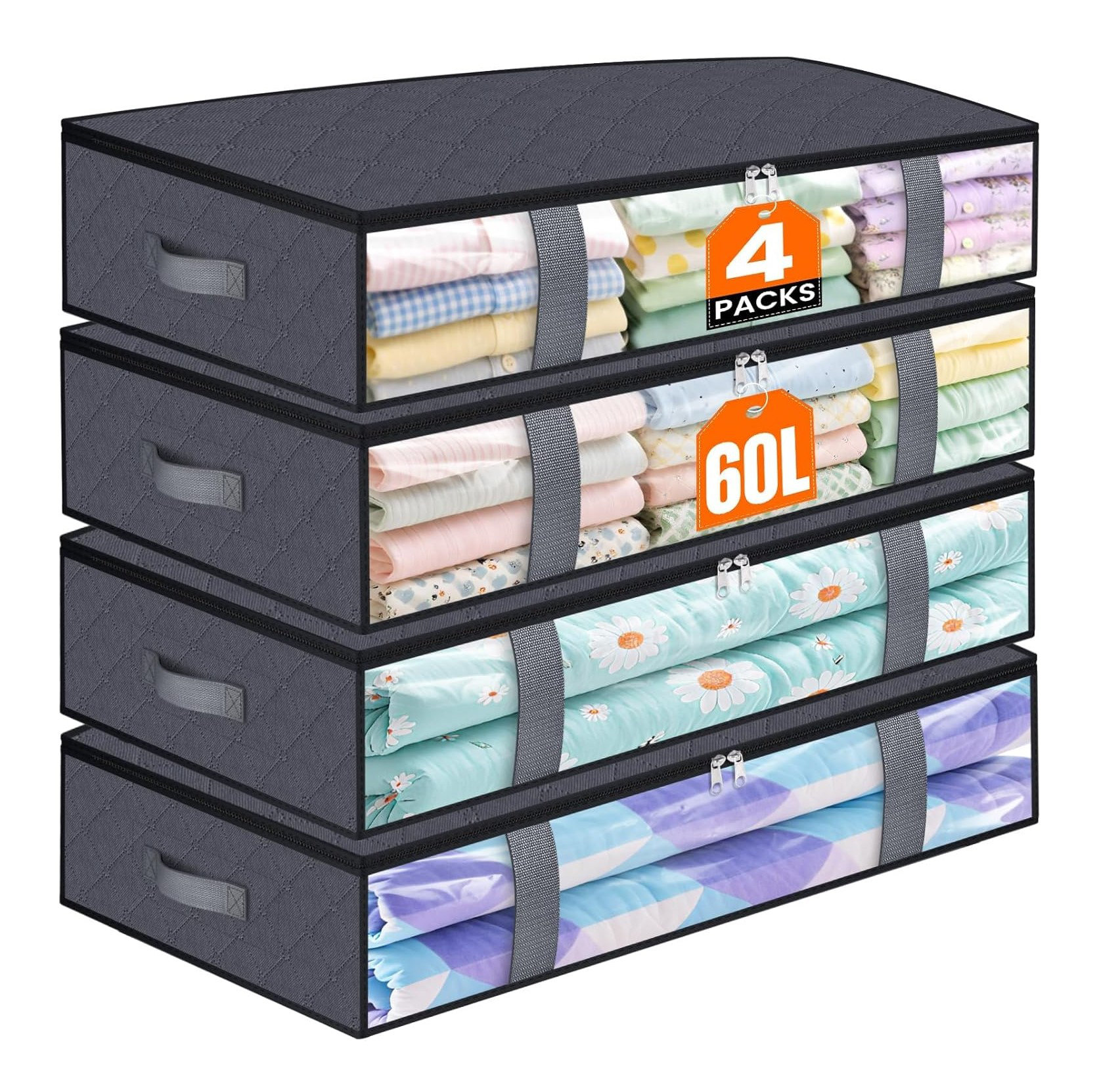 Rebrilliant 4 Pack Under Bed Storage Containers, 60L Collapsible ...