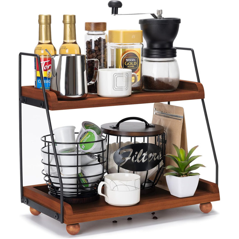 17 Stories 2 Tier Coffee Bar Accessories And Organizer Shelf,Wooden ...
