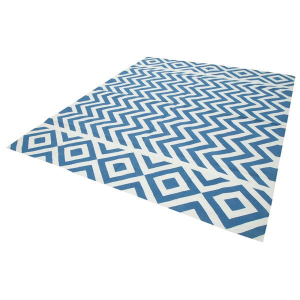 Ebern Designs Geometric Duri Blue Geometric Wool Handmade Area Rug ...
