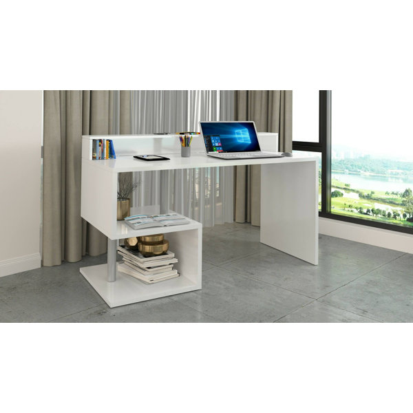 Ivy Bronx Desk Dcaldirol, Linear desk with storage shelves and LED ...