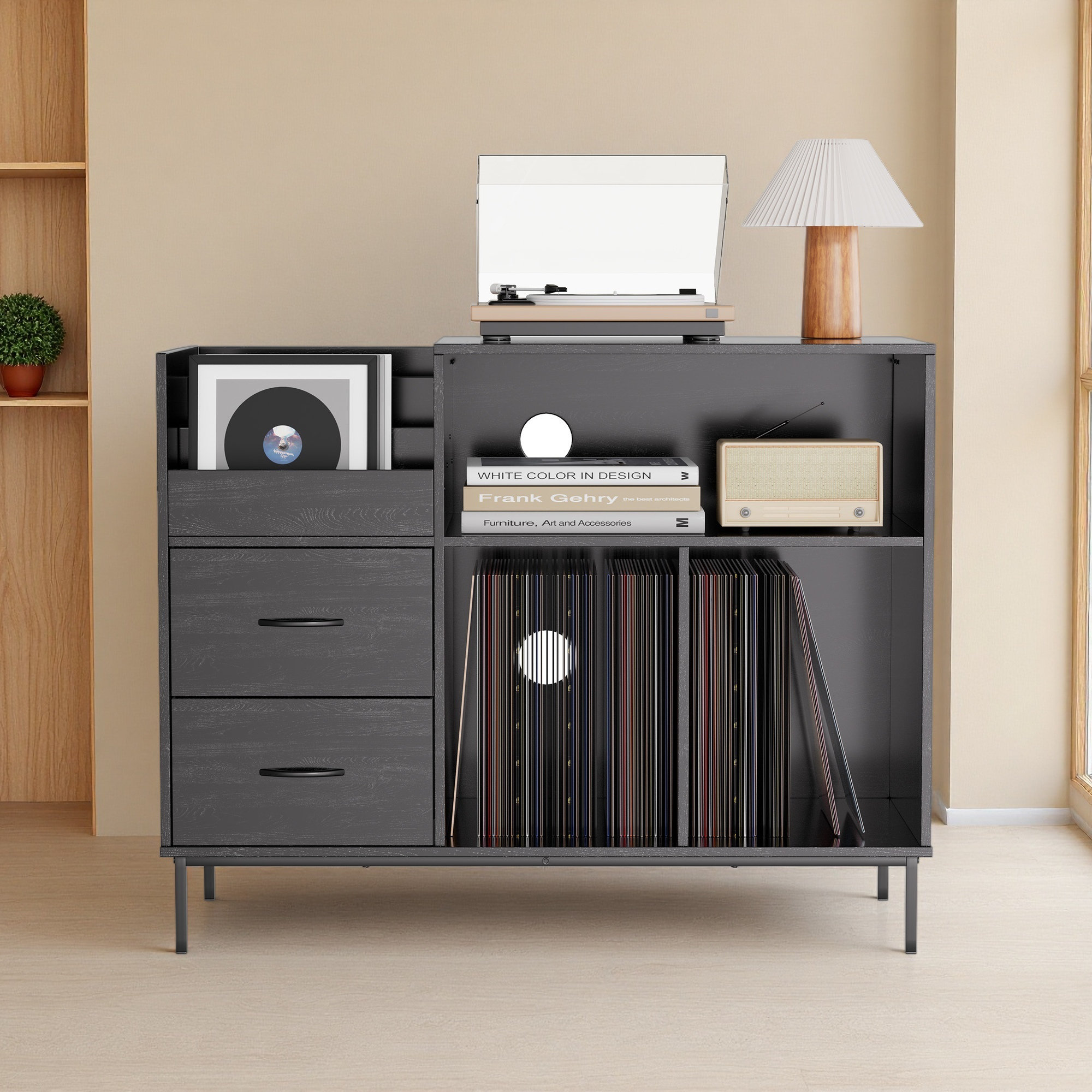 Latitude Run® Record Player Stand With Power Outlet & Flip-Down Lid ...