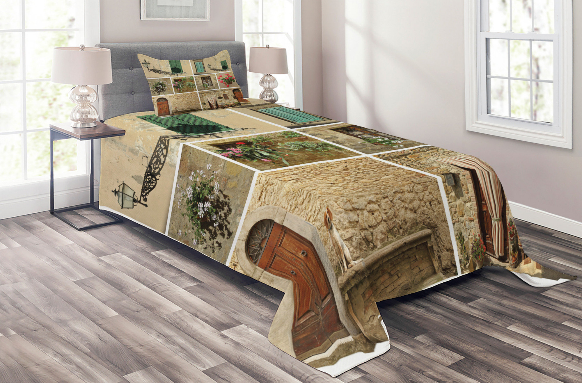 Ambesonne Beige Microfiber Farmhouse / Country Coverlet / Bedspread Set ...