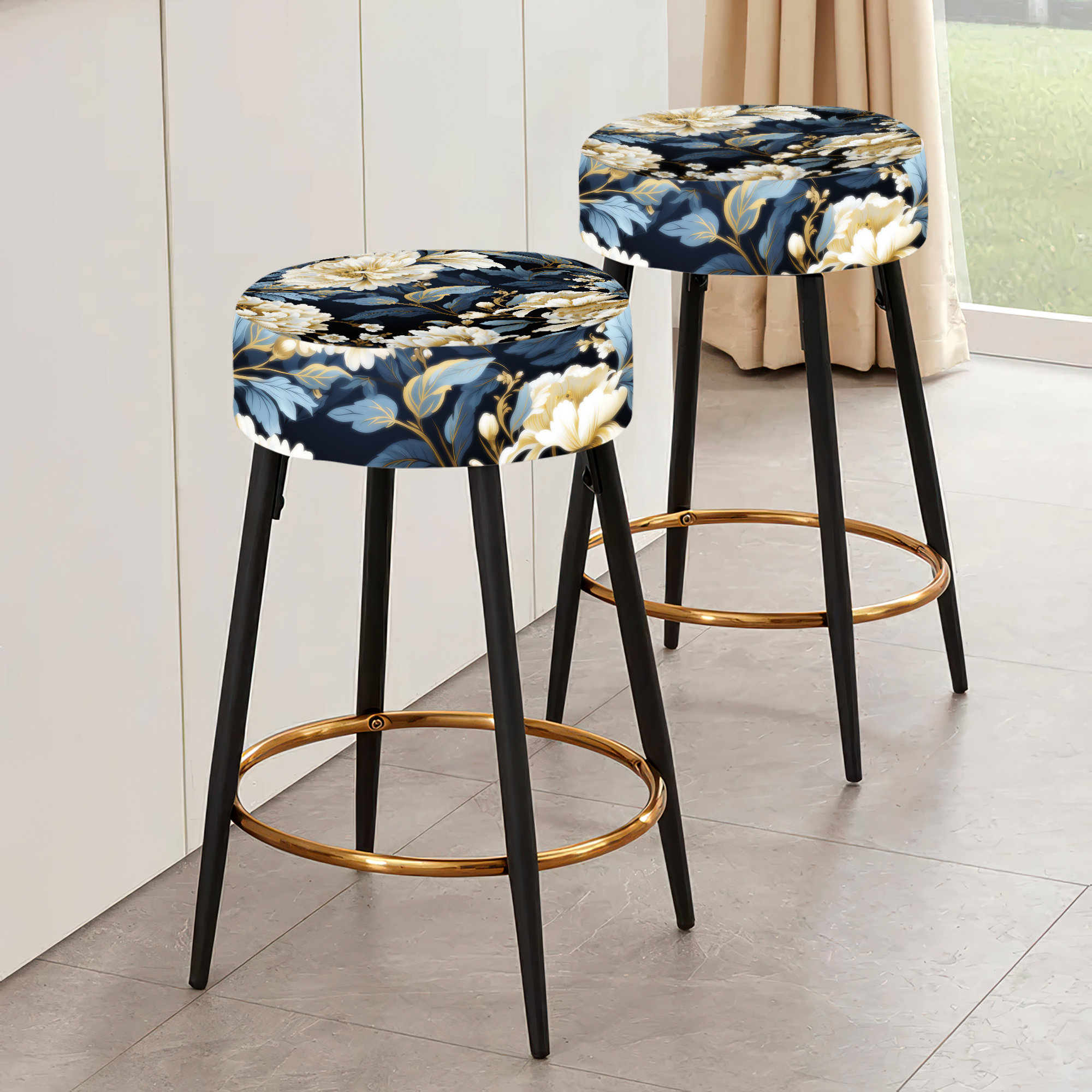 Design Art Beige And Blue Ornate Damask Legacy - Floral Bar Stools Set ...
