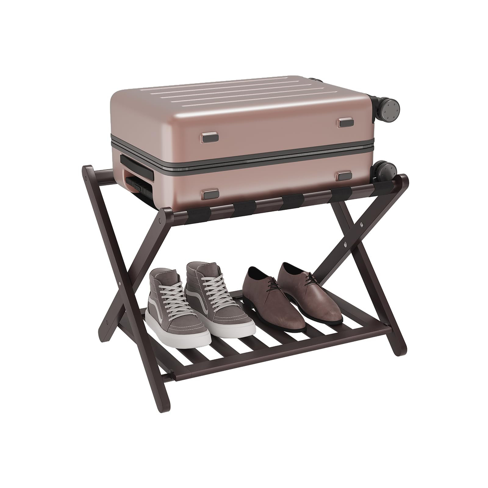 COAHAHA Solid Bamboo Folding Luggage Rack With Nylon Straps And Shelves ...