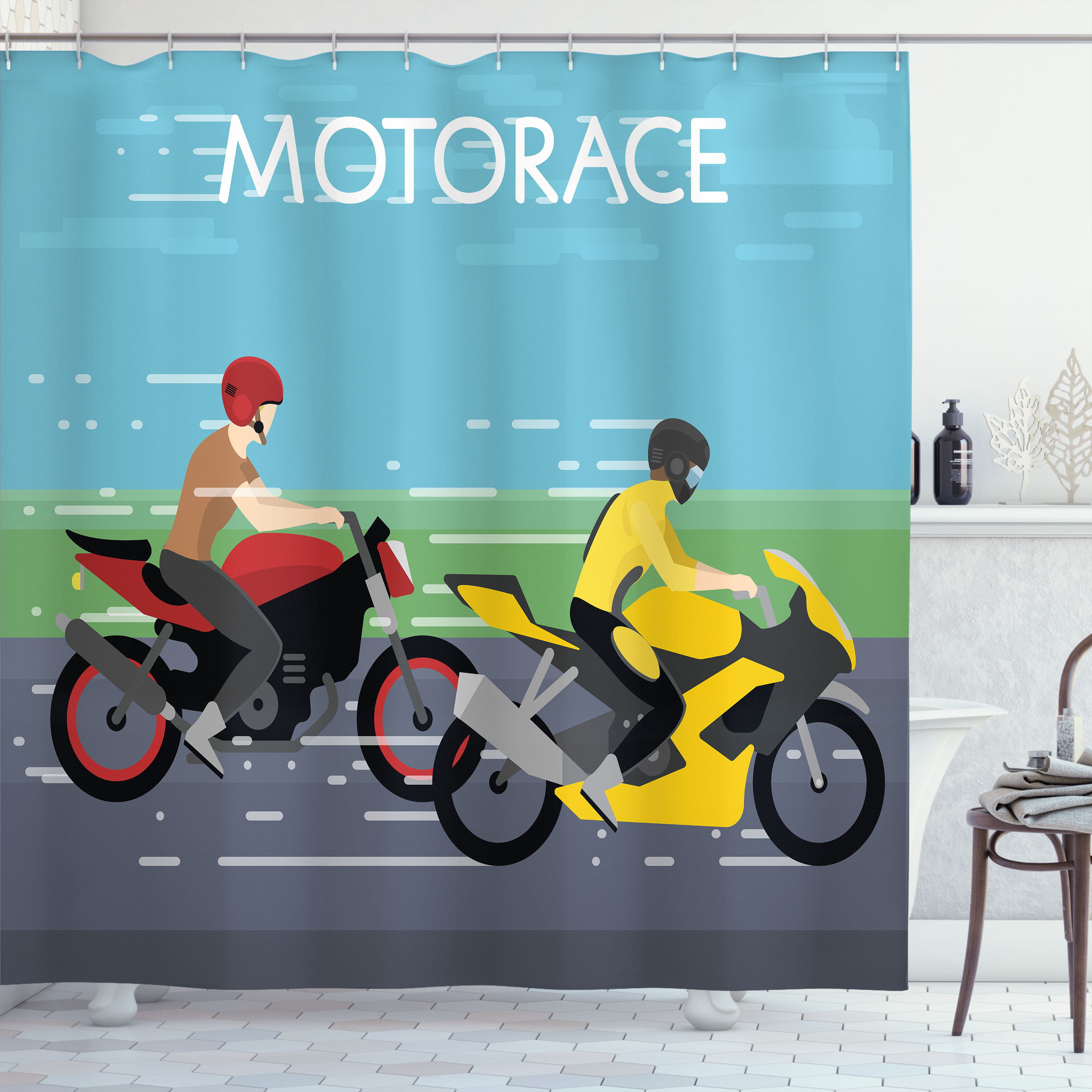Latitude Run® Motorcycle Shower Curtain 2 Bikers Racing 69"Wx75"L ...