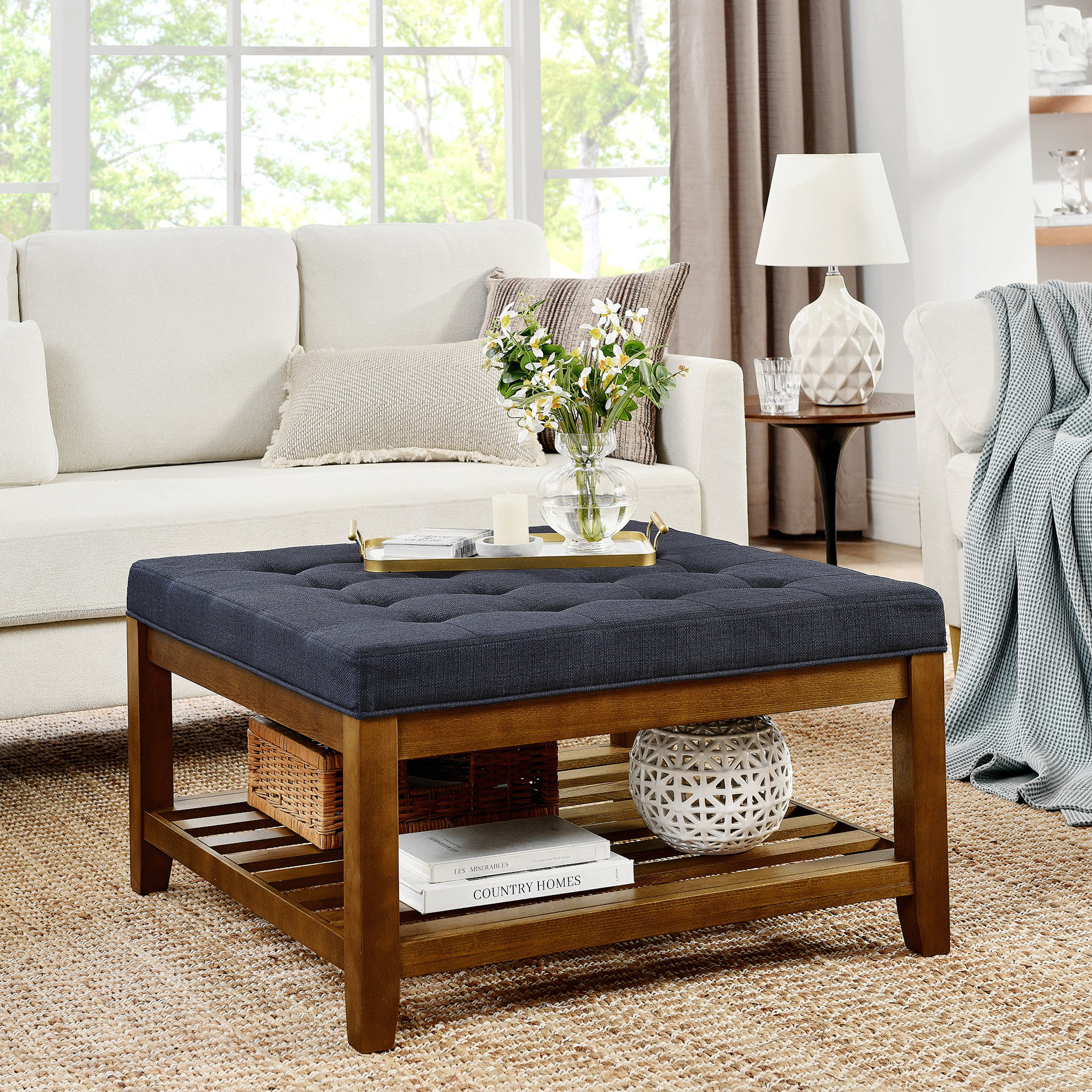 Lark Manor Upholstered Square Ottoman Coffee Table With Beech Wood ...