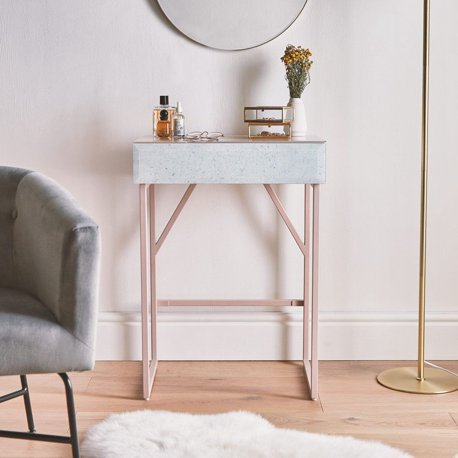 Ebern Designs Small Dressing Table with Tempered Glass Marble Pattern ...