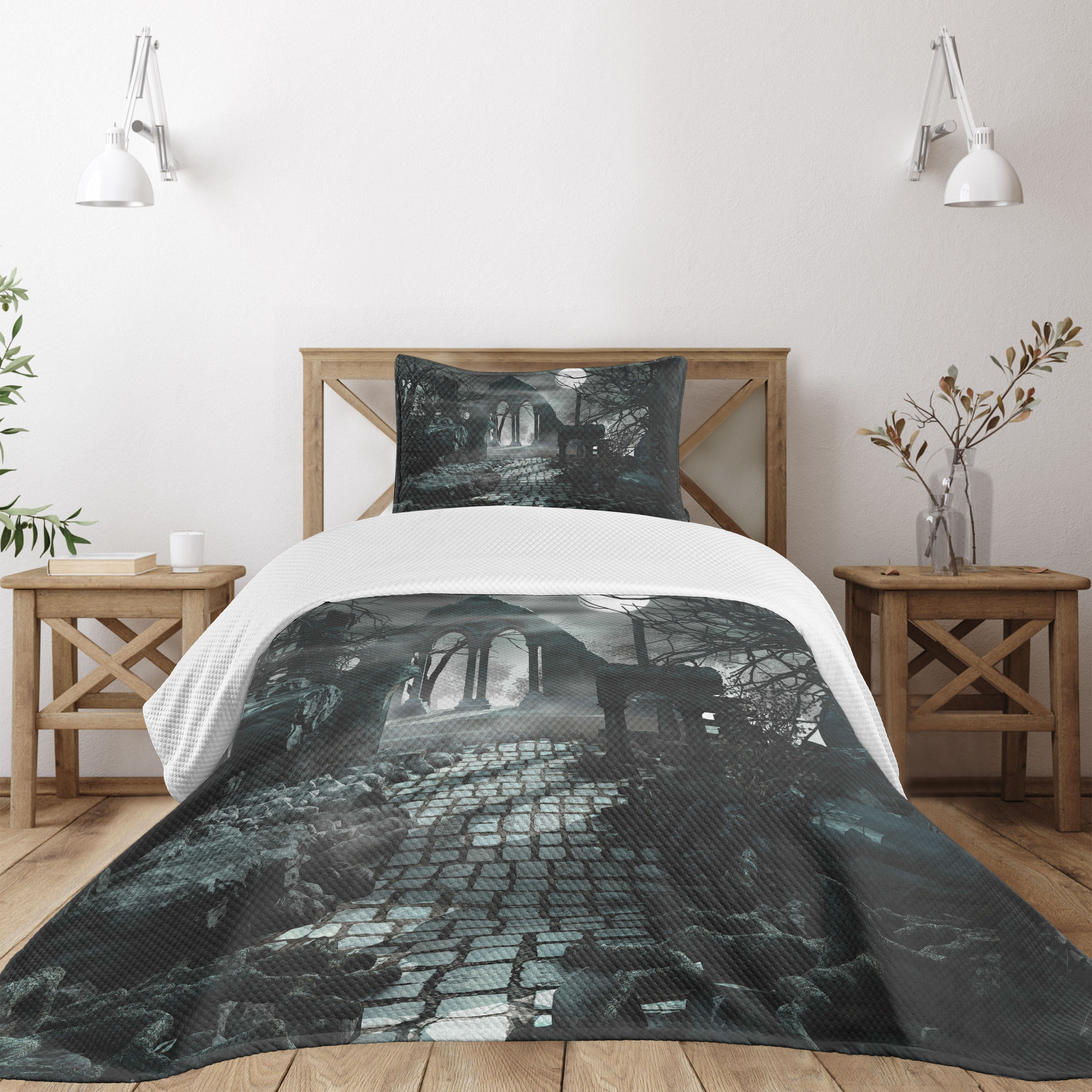 Ambesonne Gothic Bedspread Set Moon View in Scary Dark Blue Grey | Wayfair