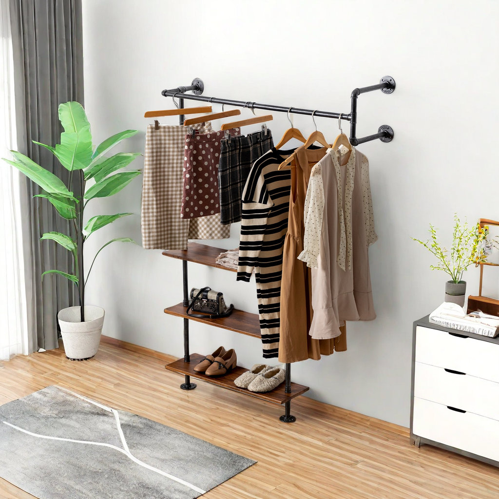 Williston Forge Industrial Clothing Rack With Shelves,Industrial Pipe ...
