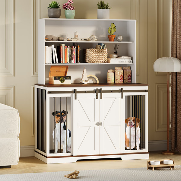 Gracie Oaks 47" Wooden Dog Crate Furniture With Storage Shelves, With ...