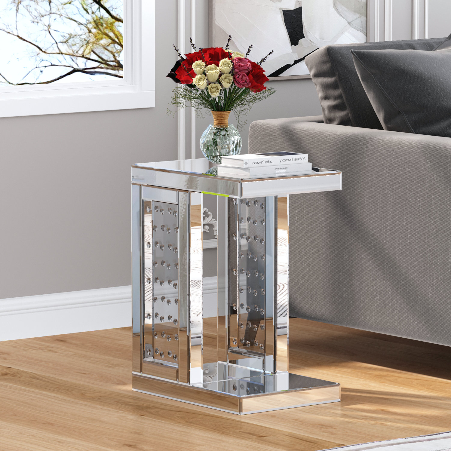 Blue Elephant Melle C Shape Glass mirrored Side Table with Storage ...