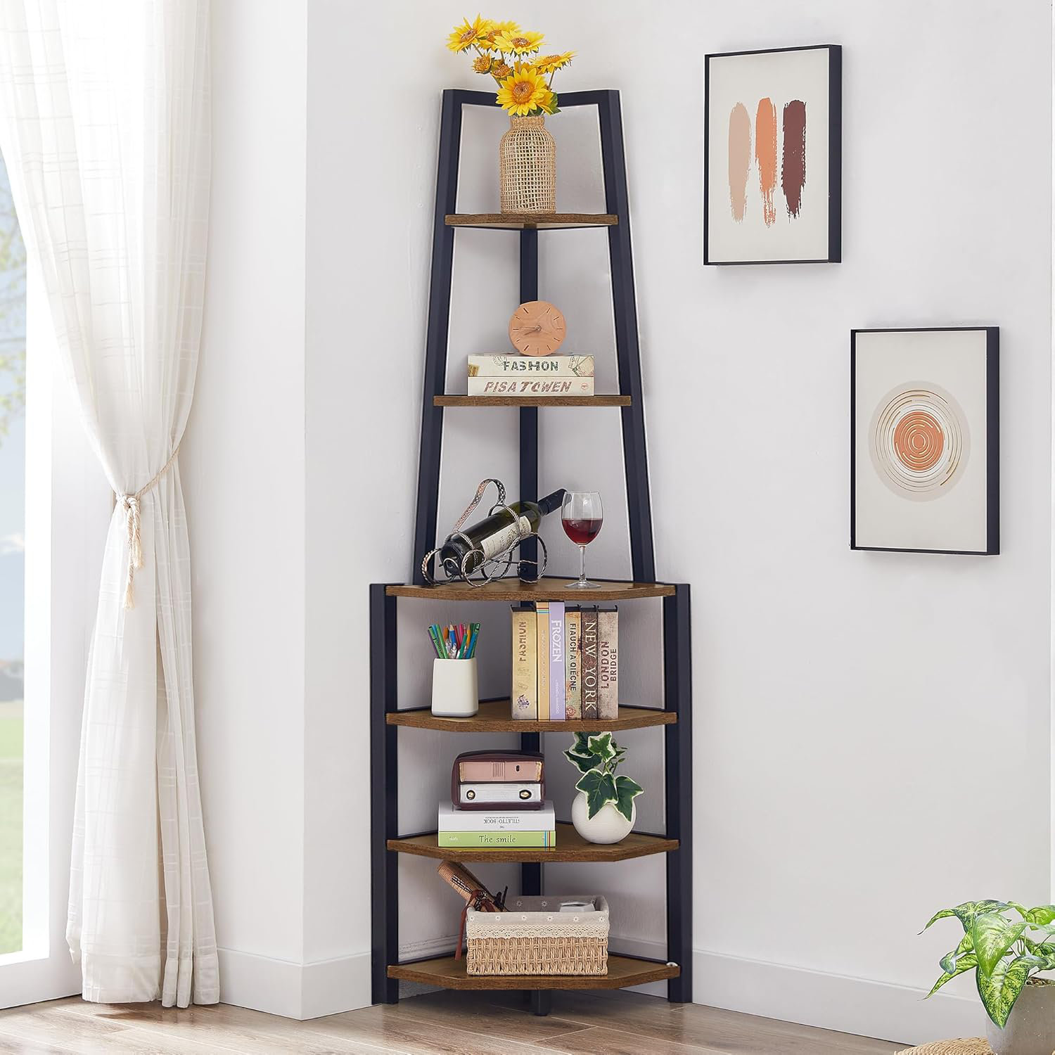 17 Stories 6 Tier Corner Shelf 69 Inch Industrial Bookshelf With Metal ...