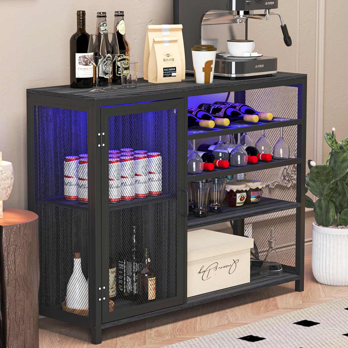 17 Stories Wine Bar Cabinet Sideboard With Wine Racks & Stemware Holder ...