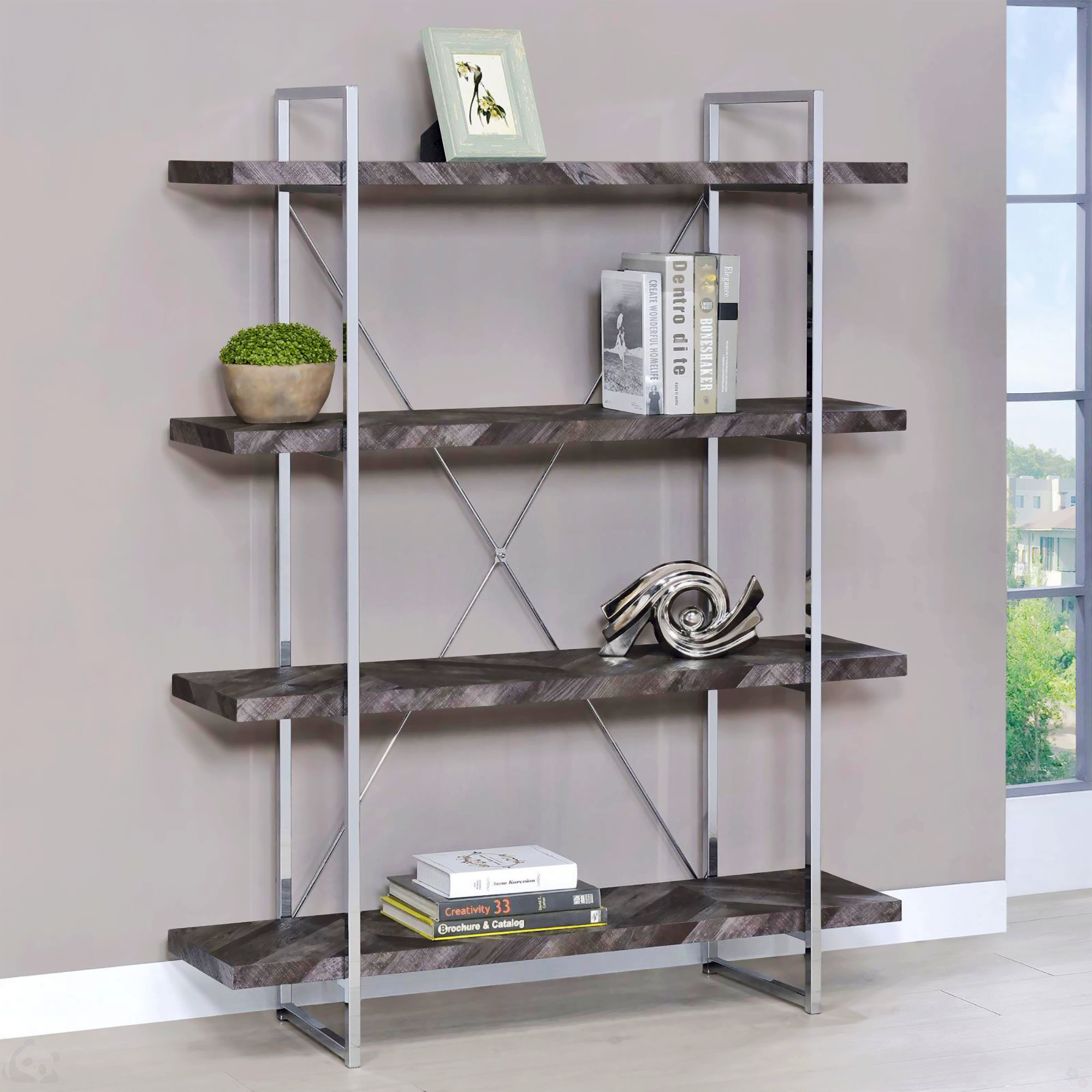 Ivy Bronx Rustic Grey Herringbone Bookcase With Full-Length Shelf | Wayfair