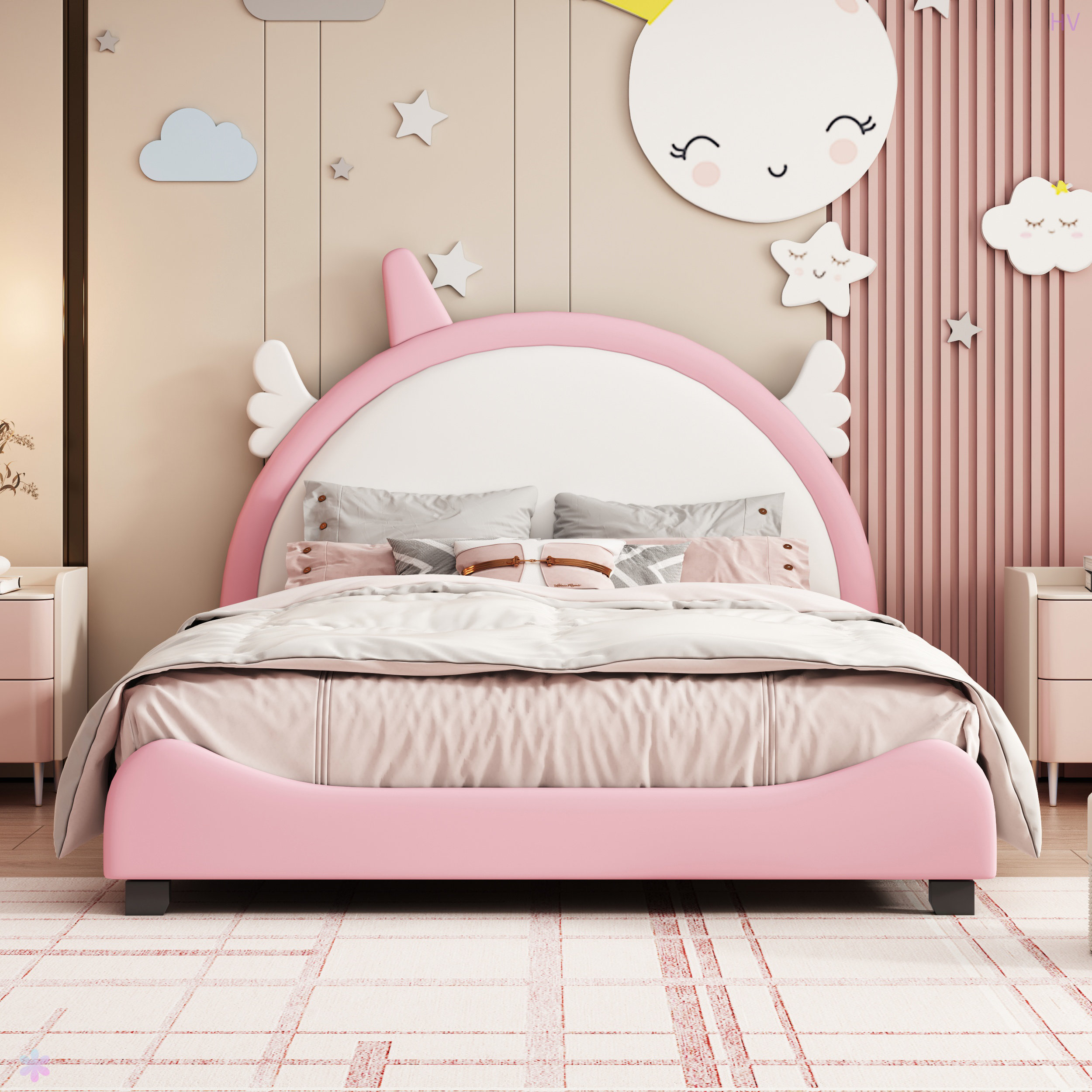 Ebern Designs Cute Full Size Upholstered Bed With Unicorn Shape ...