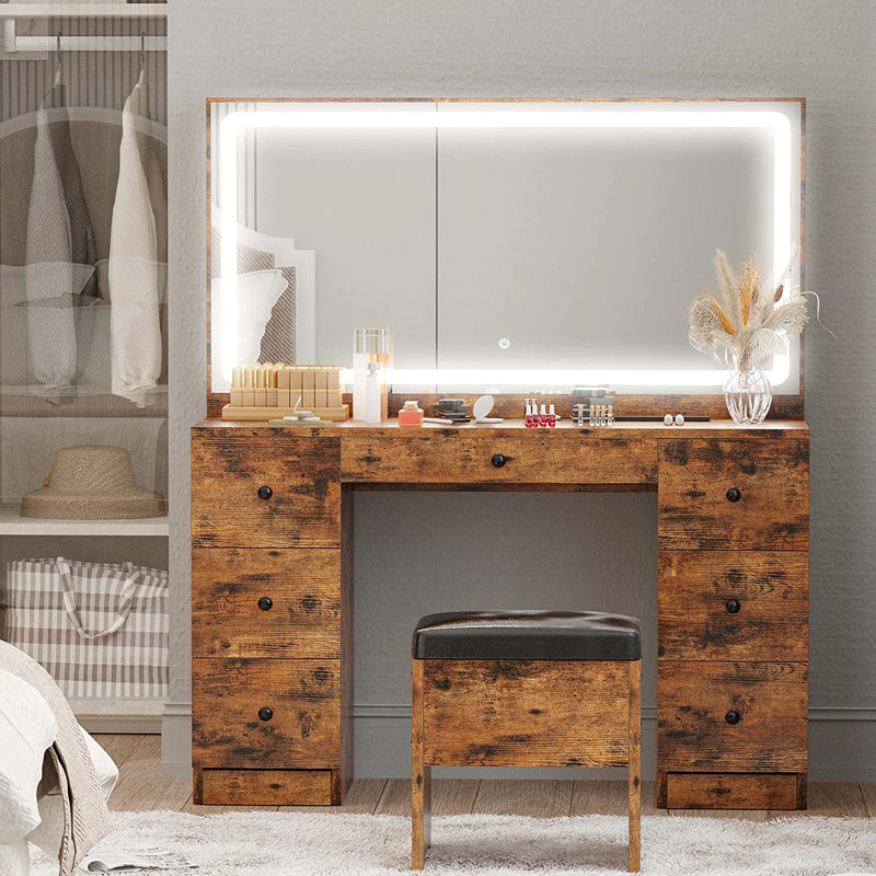 Latitude Run® Makeup Vanity Desk with LED Lighted Mirror & Power Outlet ...