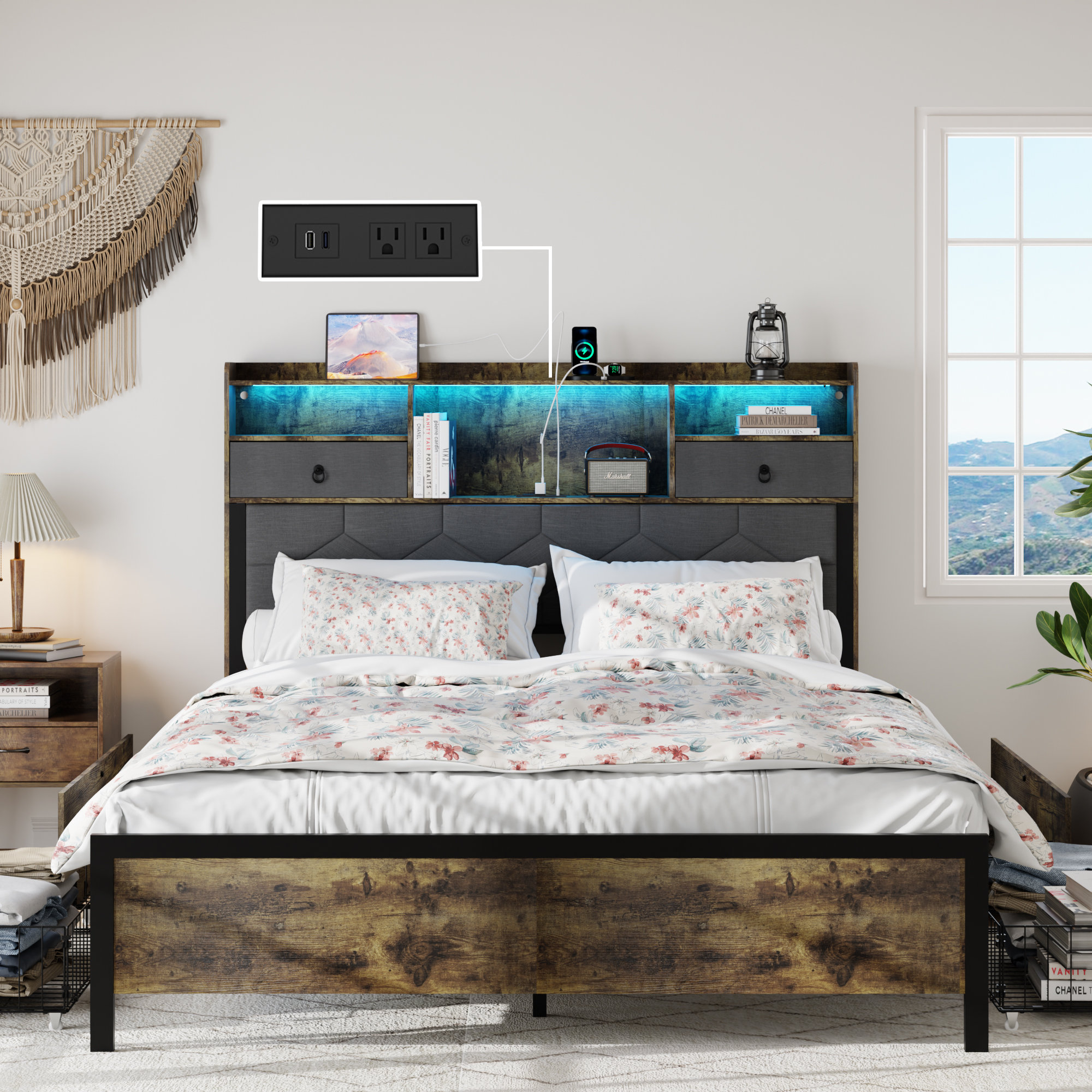 HOME OF FIGHT VENTURES LLC Queen Bed Frame With Drawers And Charging Station,No Box Spring ...