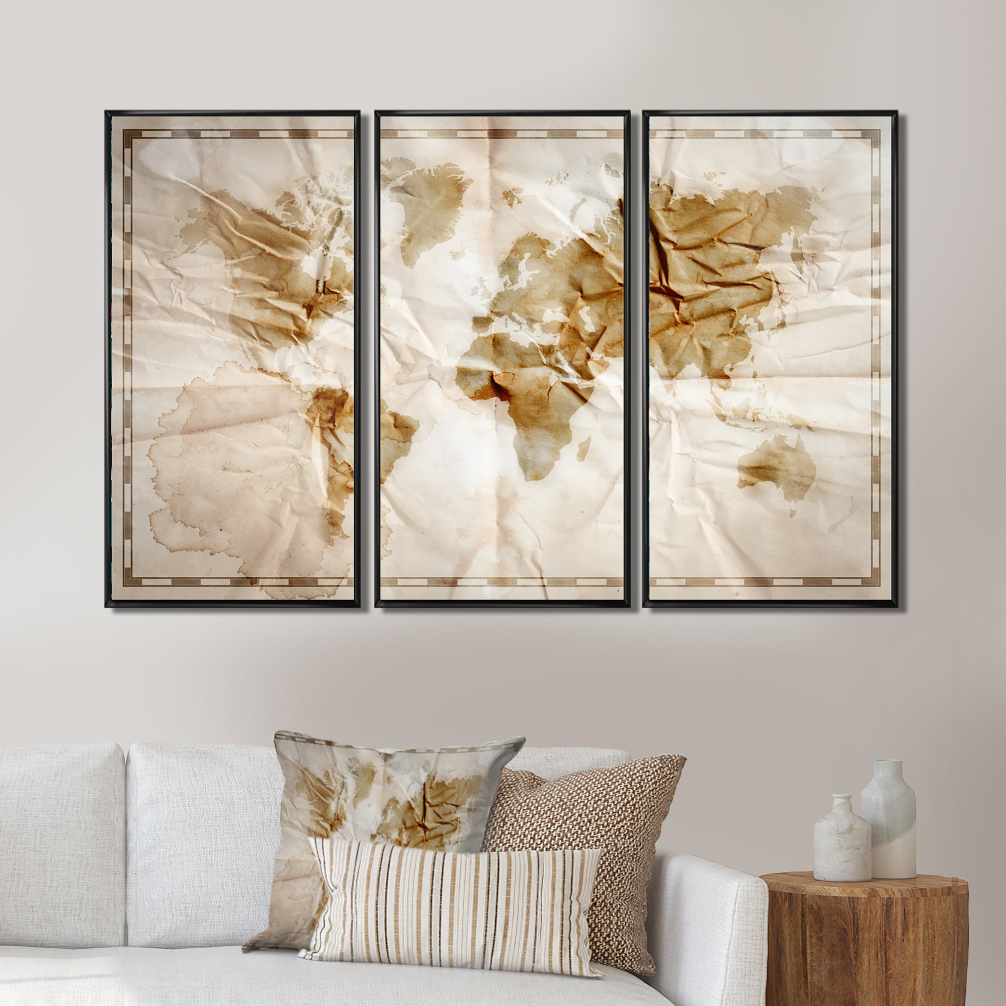 Wrought Studio™ World Map on Vintage Crumpled Paper - 3 Piece Floater ...