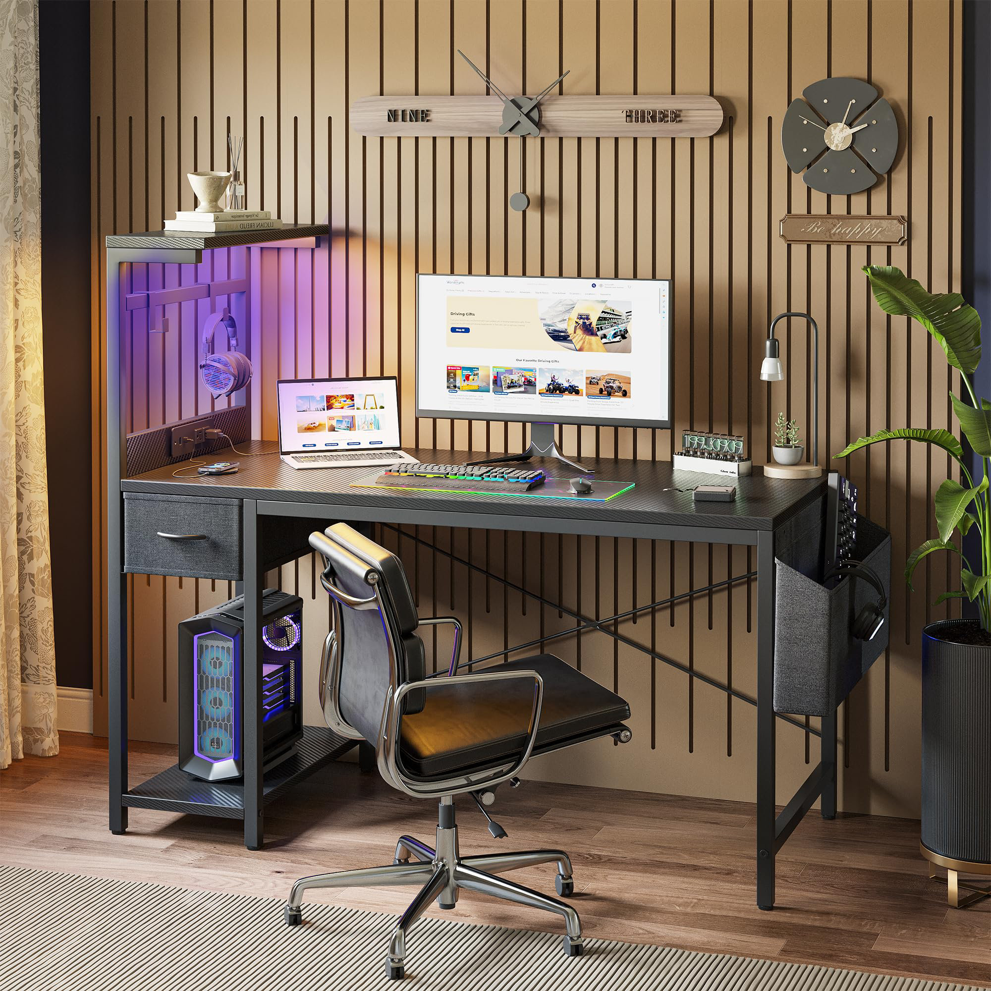 Inbox Zero Gaming Desk With Power Outlet And LED Light, Computer Desk ...