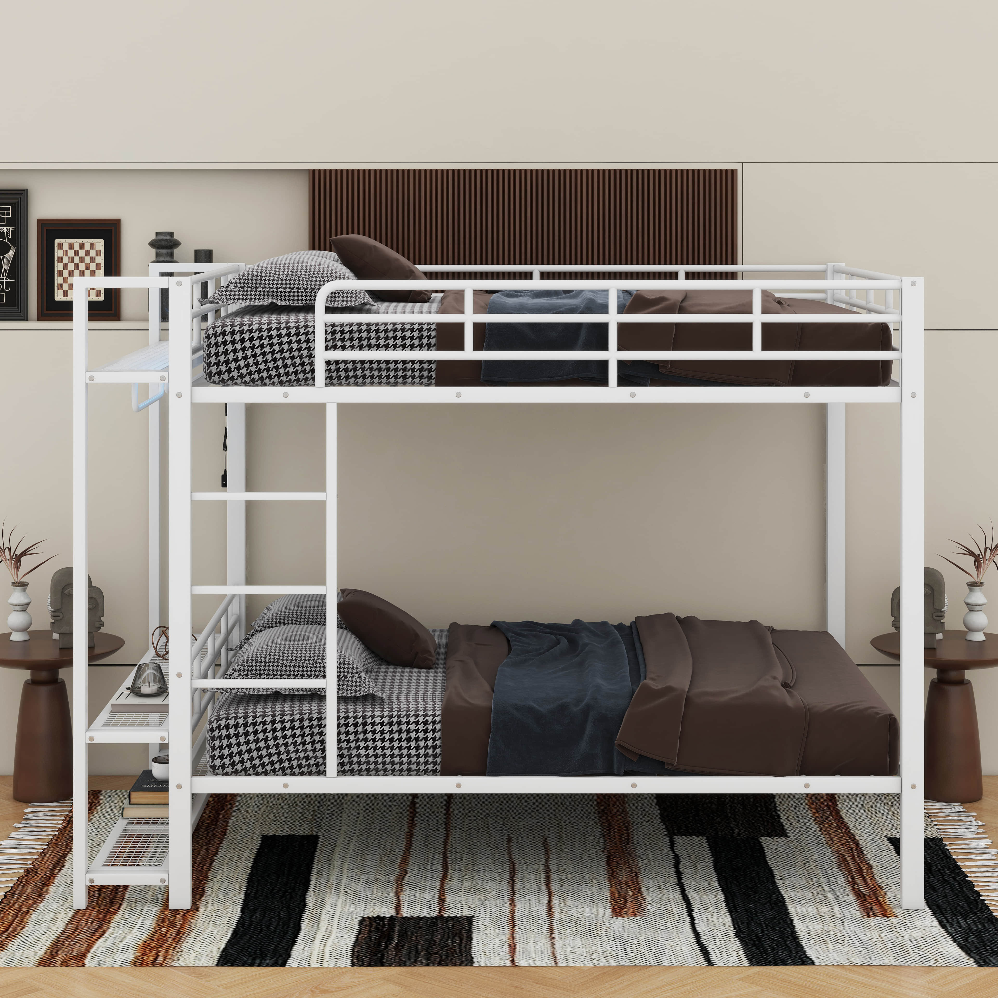 17 Stories Full Size Metal Bunk Bed With Storage Mesh Shelves And ...