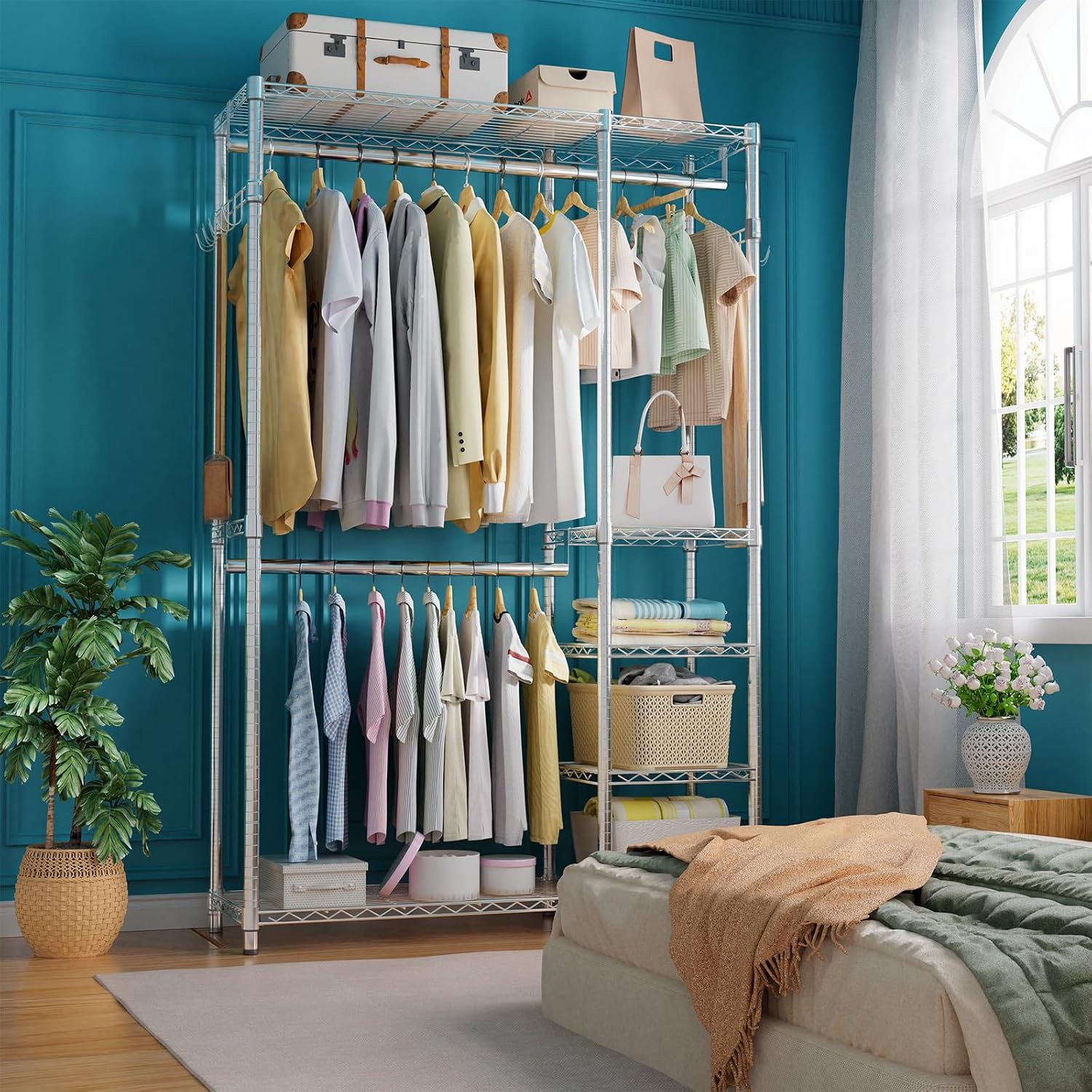 Rebrilliant Heavy Duty Metal Garment Rack With Adjustable Shelves And ...