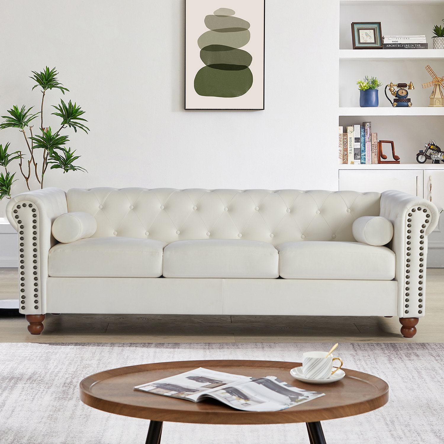 House of Hampton® Velvet Tufted Sofa for Living Room, Rolled Arm ...