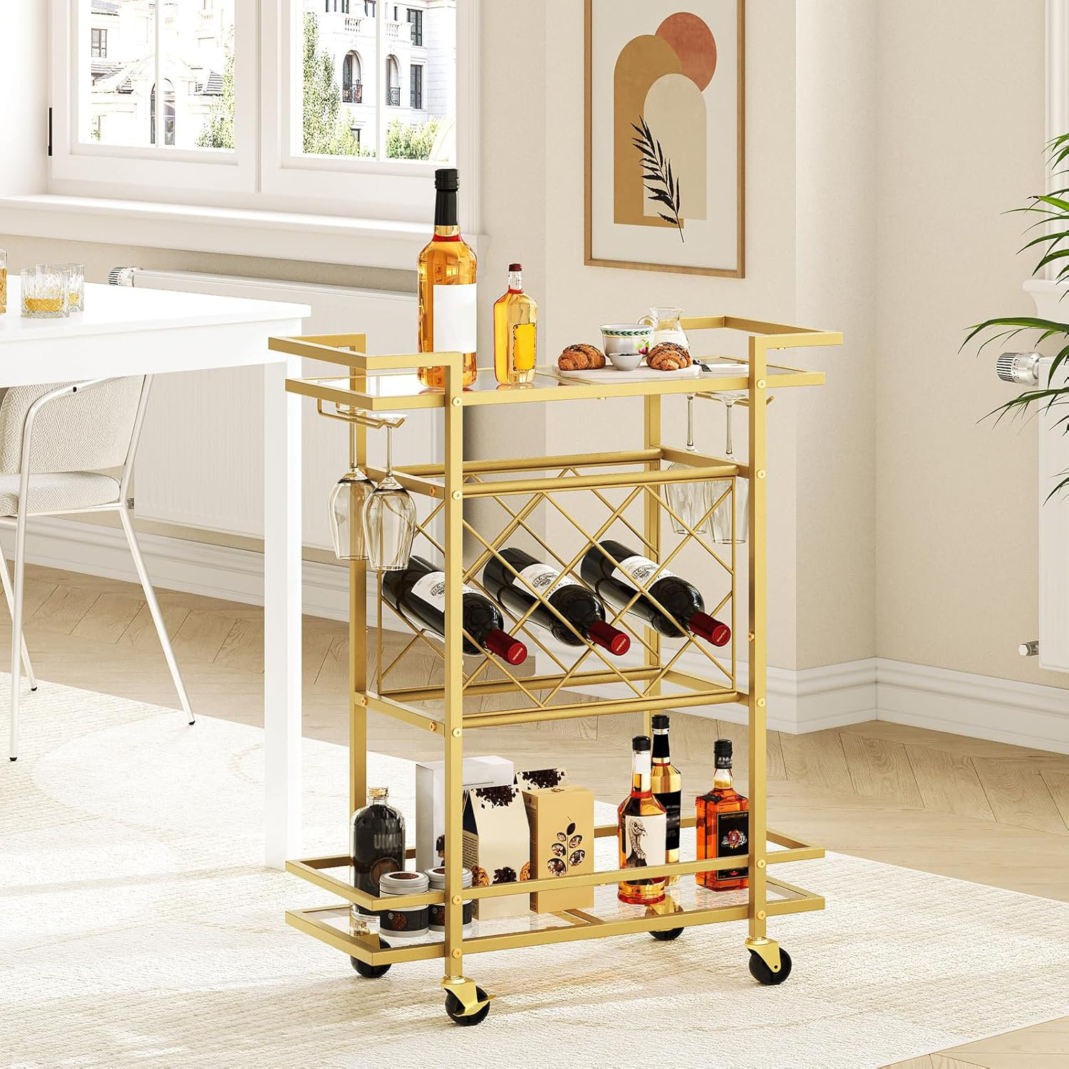 Mercer41 Gold Bar Cart, Home Bar Serving Cart, 3 Tier Drink Cart With 7 ...