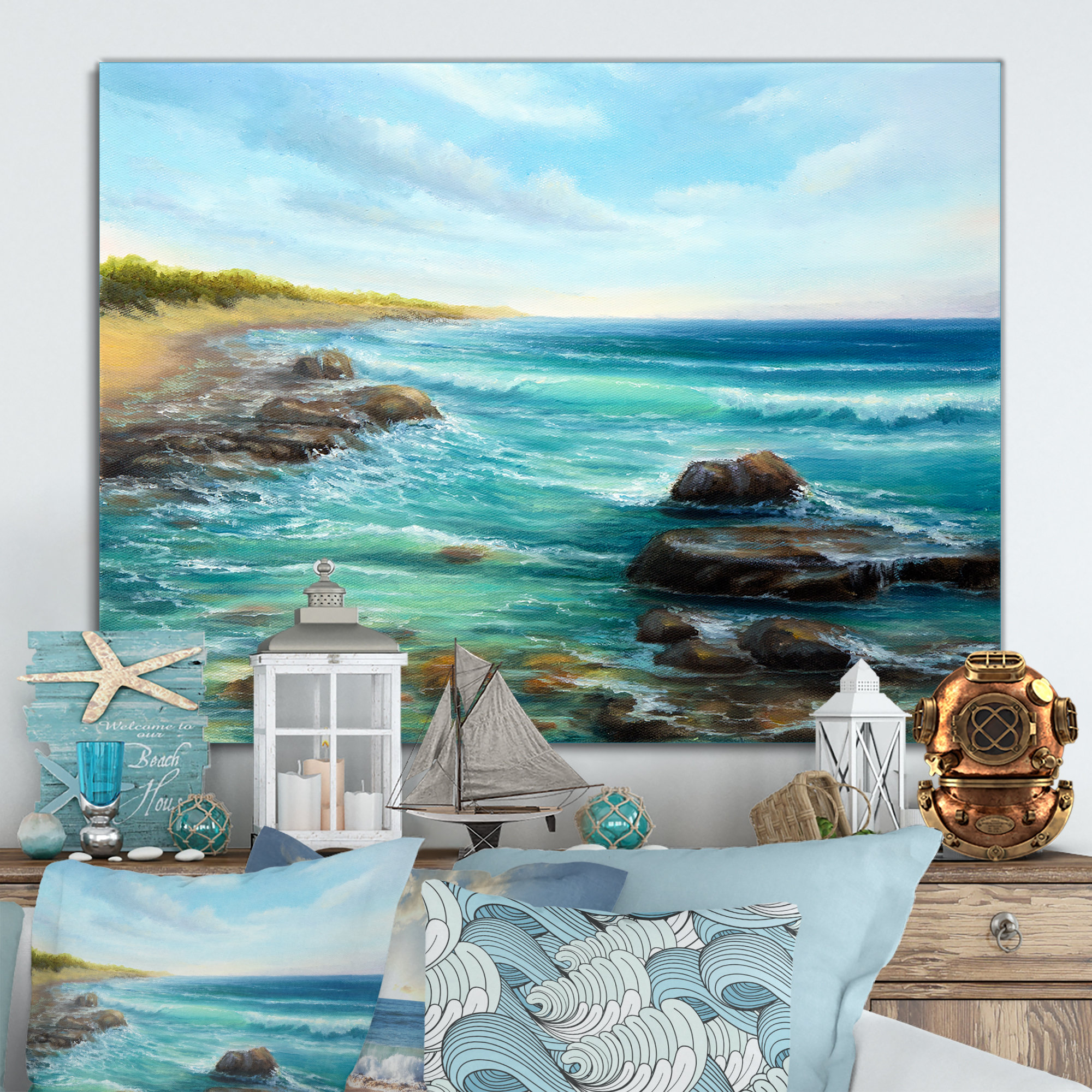 Highland Dunes Wild Blue Ocean Waves XX - Picture Frame Print on Canvas ...