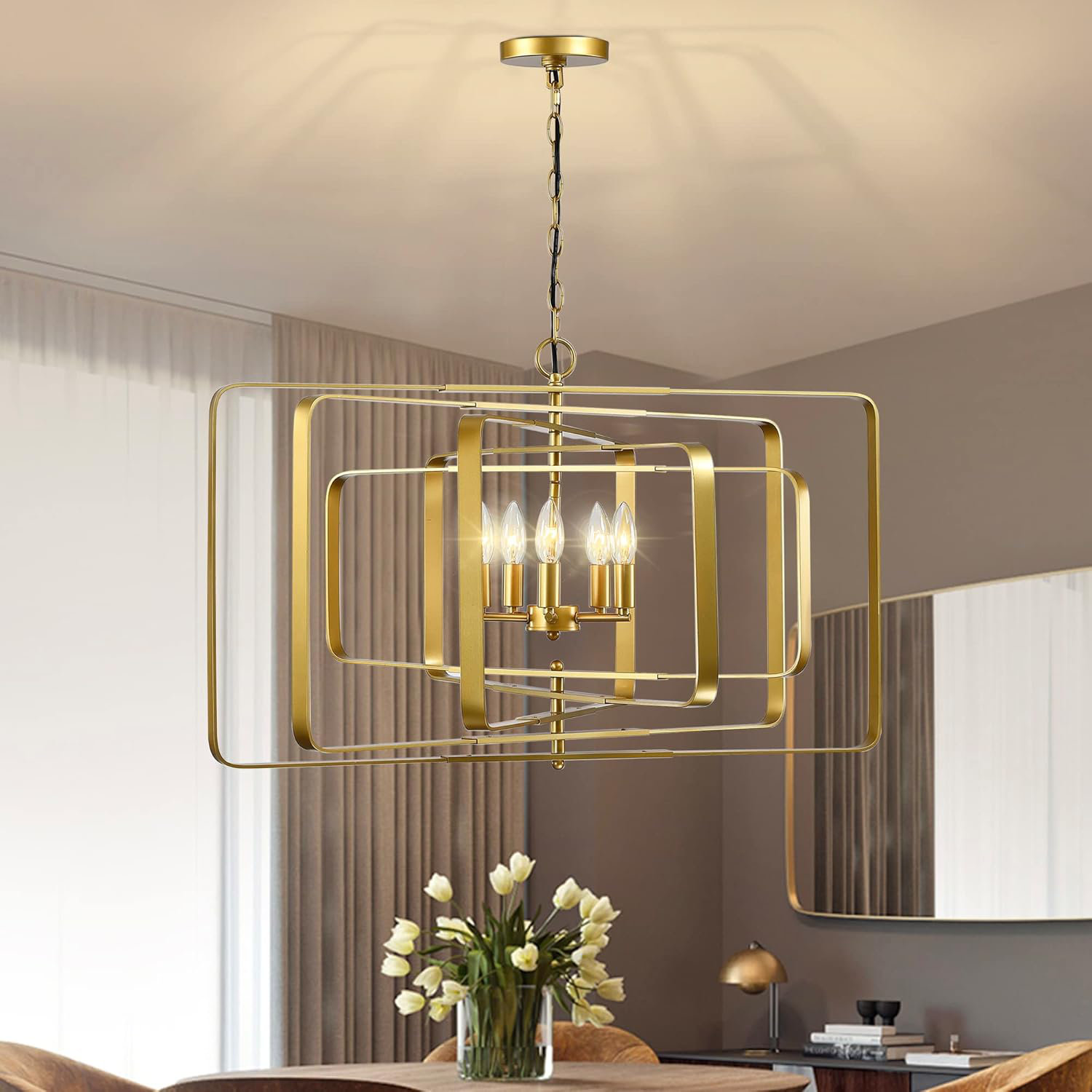 Mercer41 Modern Rectangular Chandelier With Gold Finish, 5-Light ...