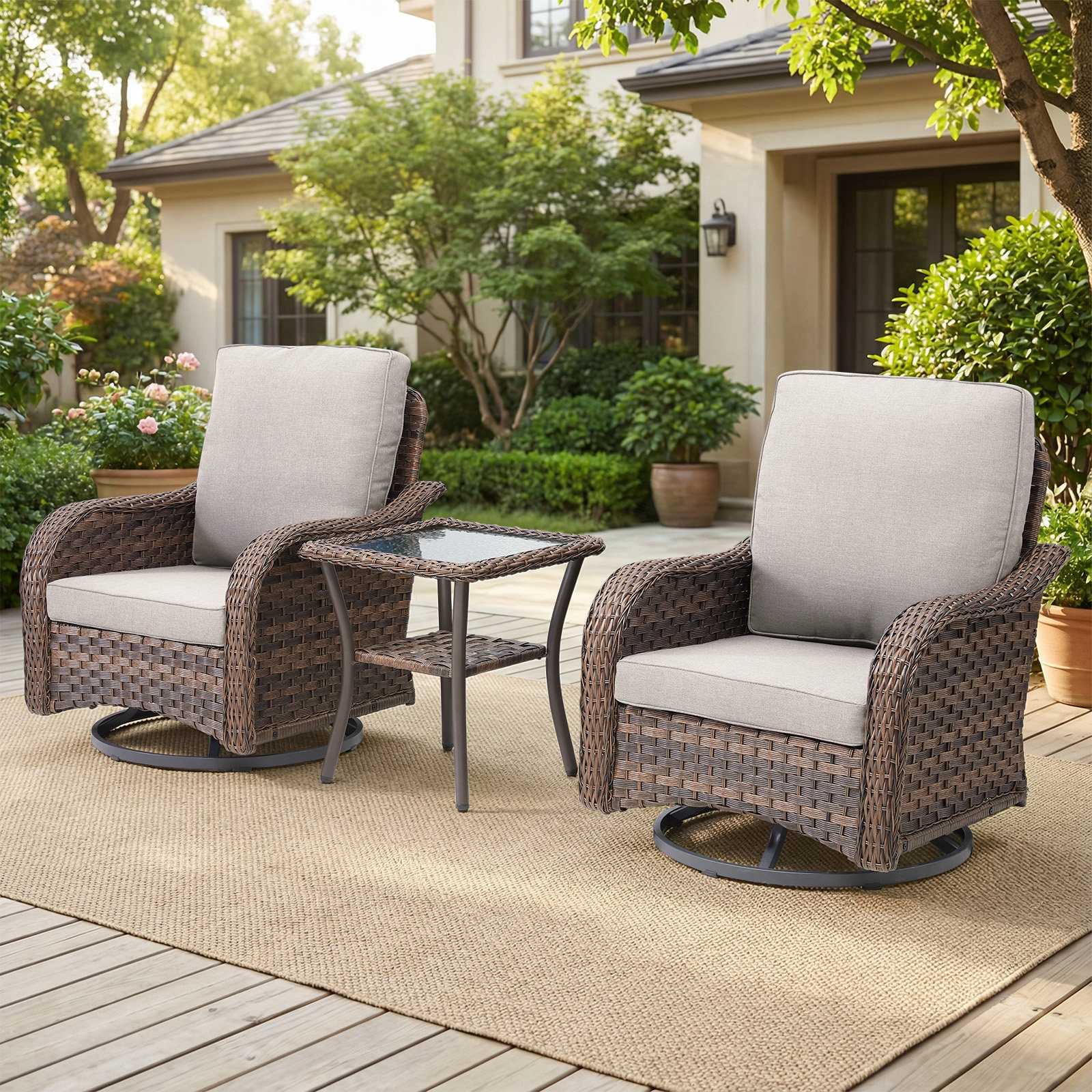 Red Barrel Studio® Arley 3-Piece Outdoor Patio Wicker Swivel Chairs ...