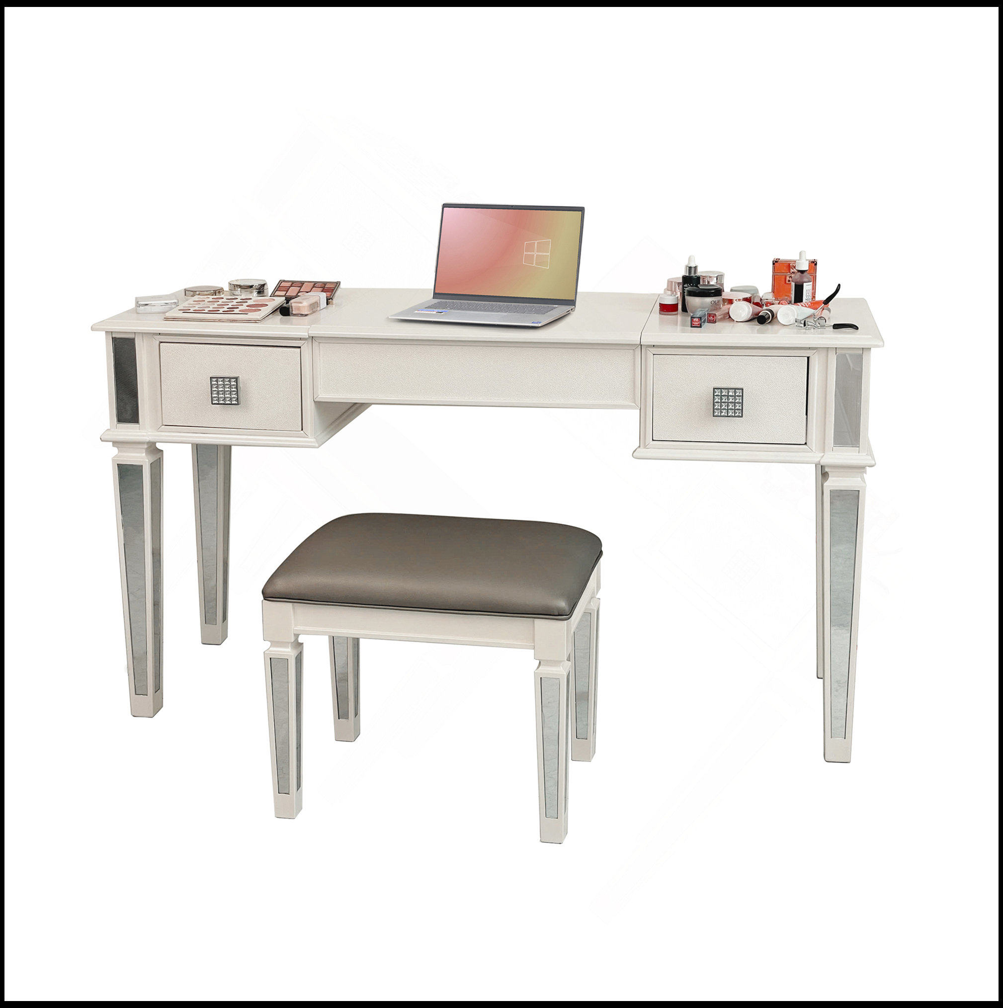 Latitude Run® Mirrored Vanities Desk With Drawers, Bedroom Makeup ...