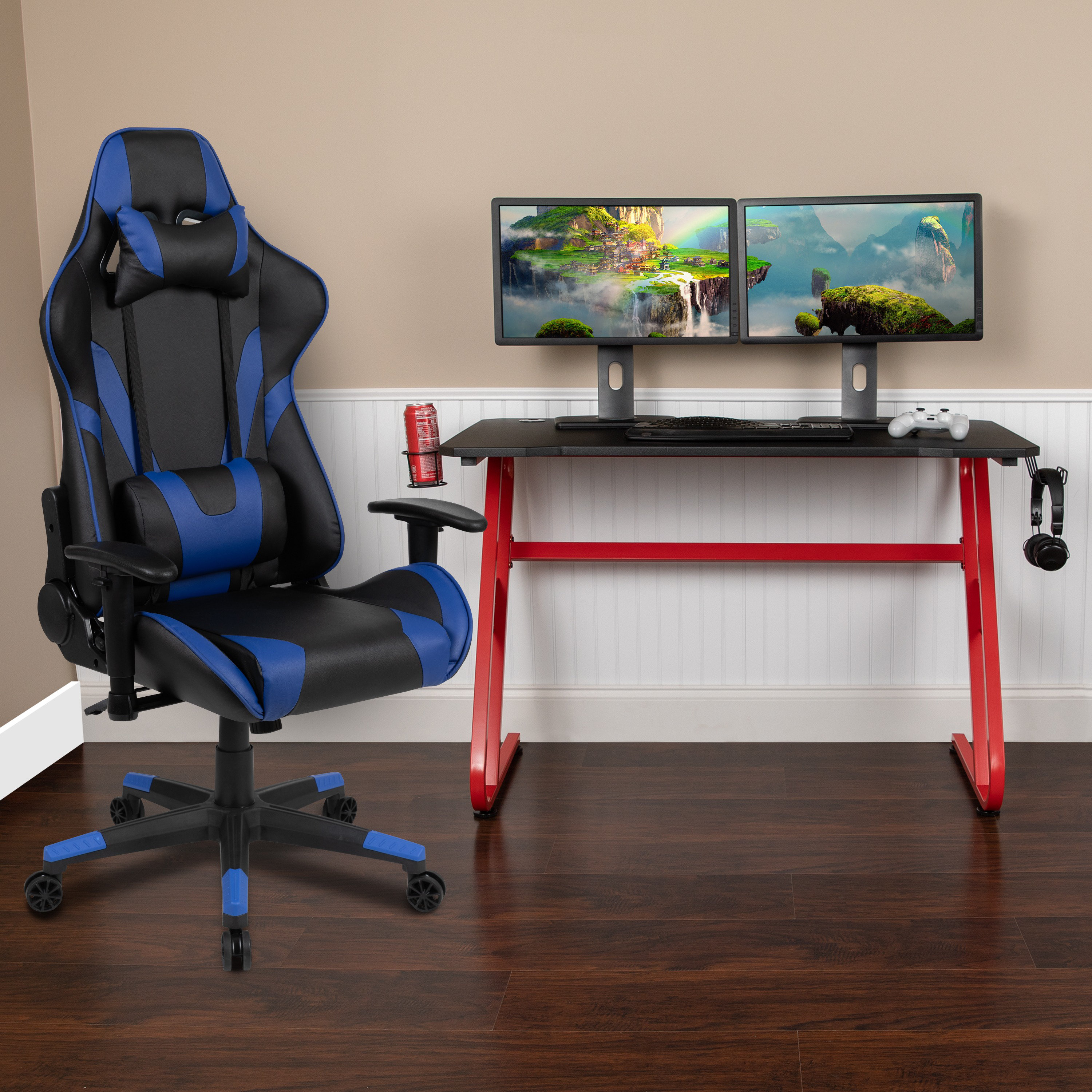 Ebern Designs Bridesdale Red Gaming Desk And Blue Reclining Gaming ...