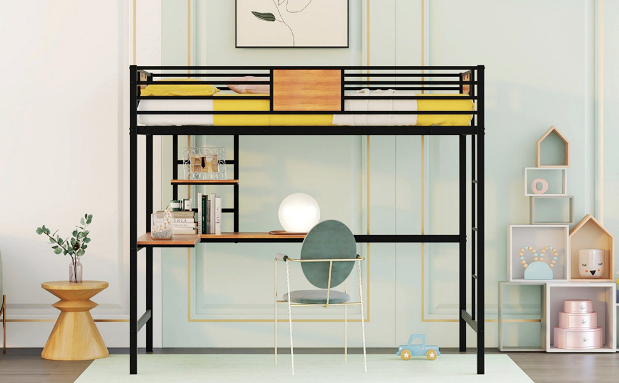 Wrought Studio™ Bed Frame, Metal Frame Loft Bed With Desk And Shelve ...