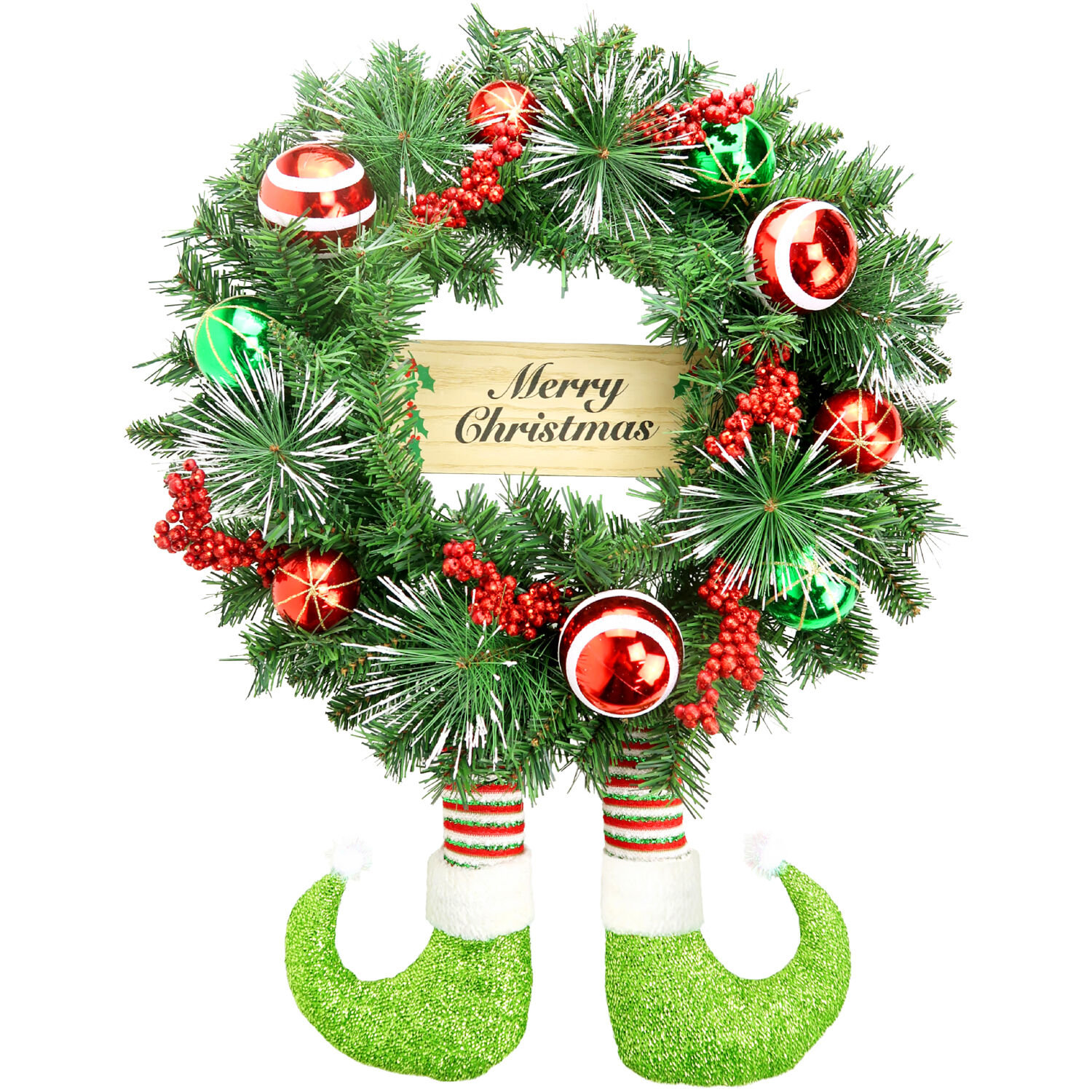 Fraser Hill Farm 24-Inch Elf Boots Pine Wreath with Berries, Balls, and ...